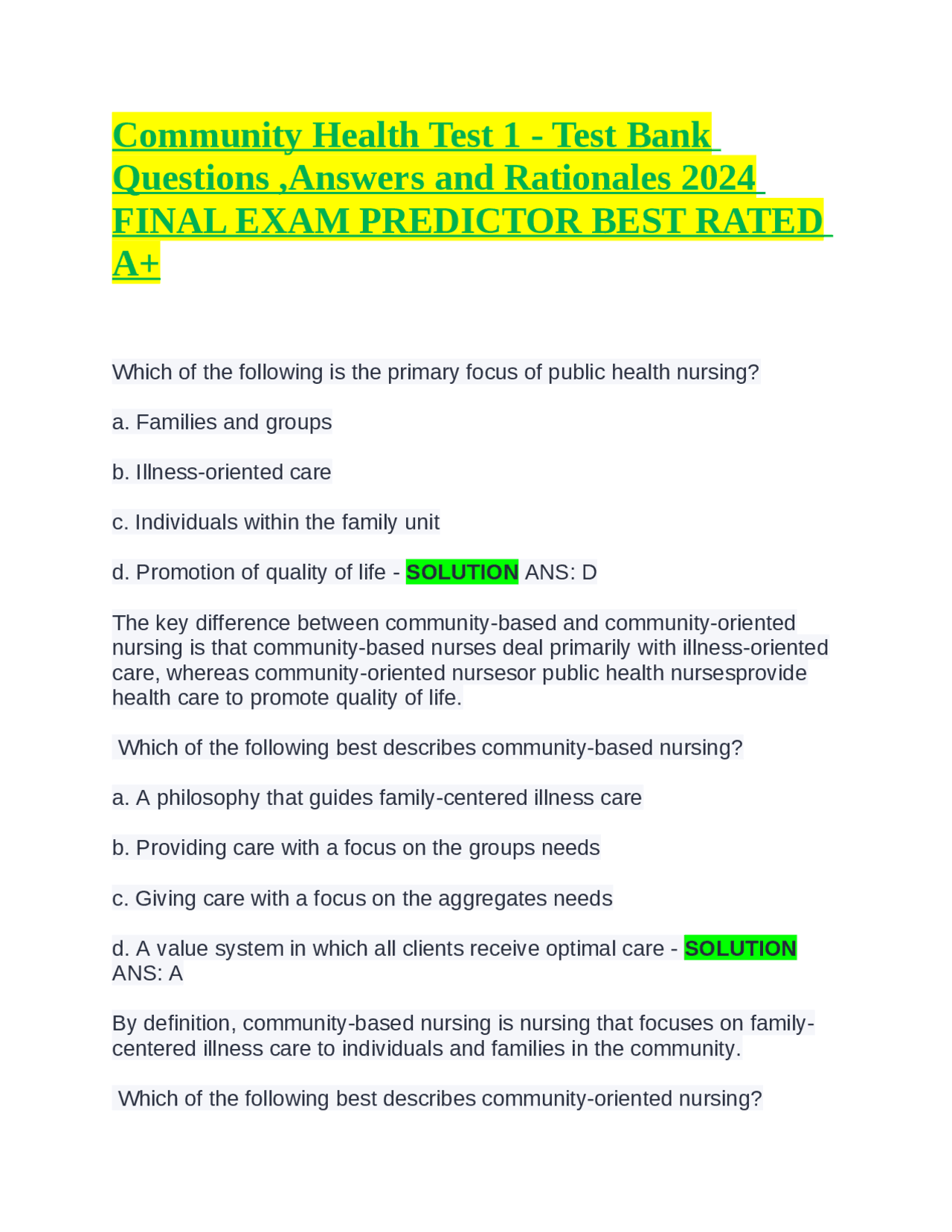 Community Health Test 1 - Test Bank Questions ,Answers and Rationales ...