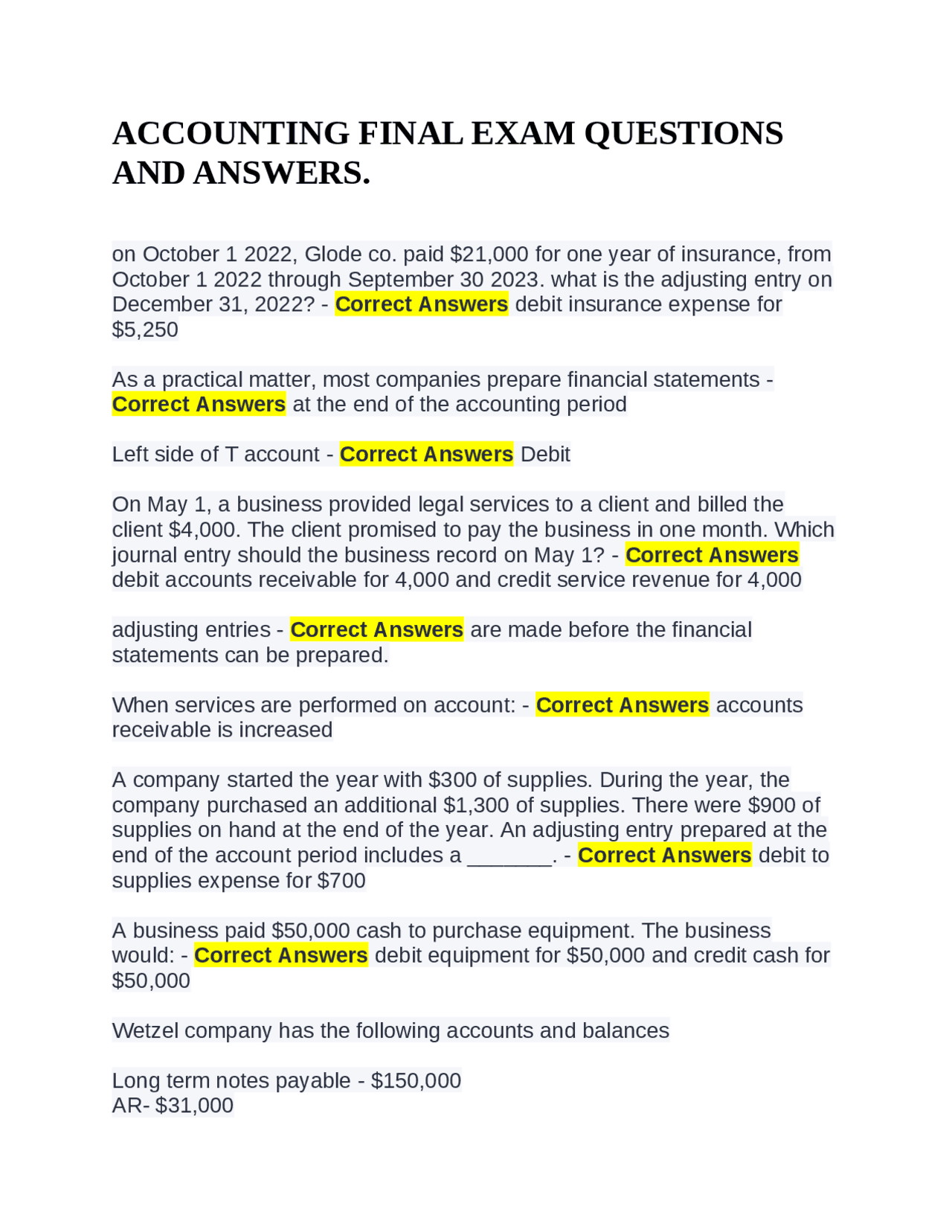 ACCOUNTING FINAL EXAM QUESTIONS AND ANSWERS. | Exams Accounting | Docsity