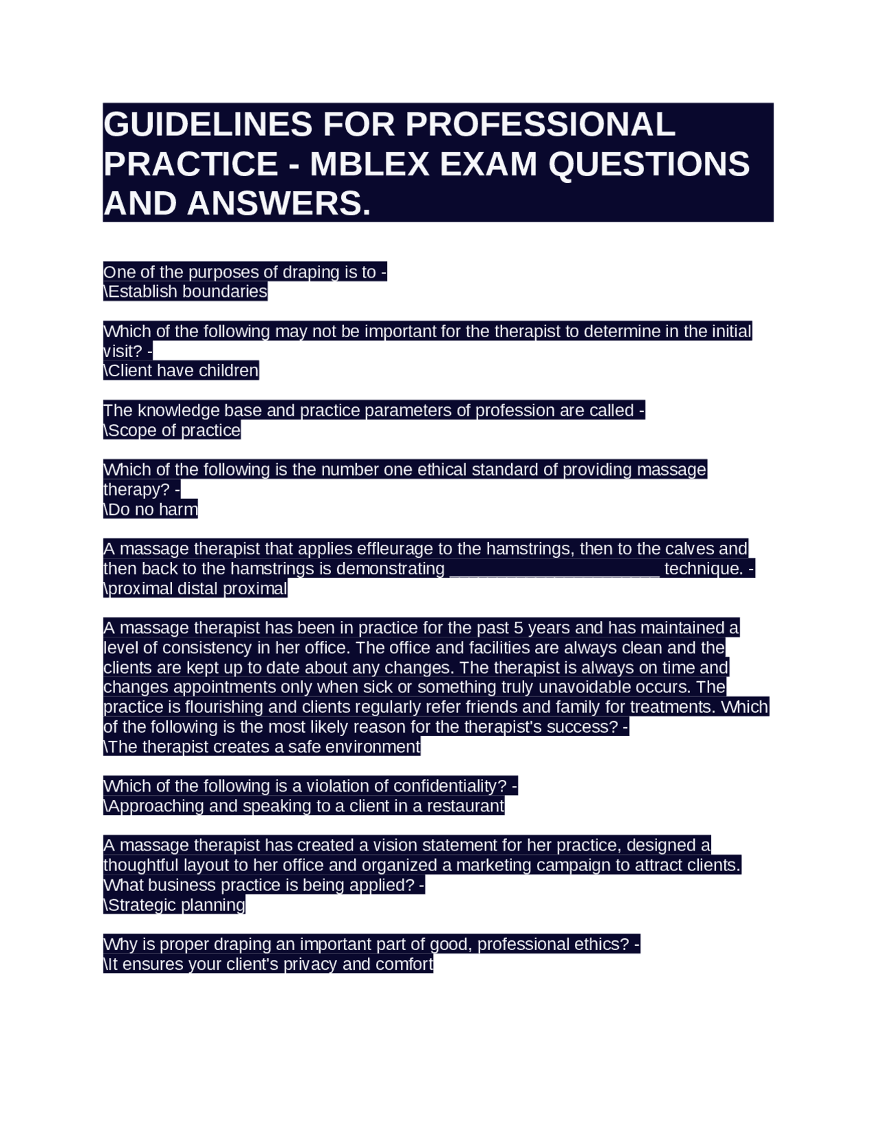 GUIDELINES FOR PROFESSIONAL PRACTICE - MBLEX EXAM QUESTIONS AND ANSWERS ...