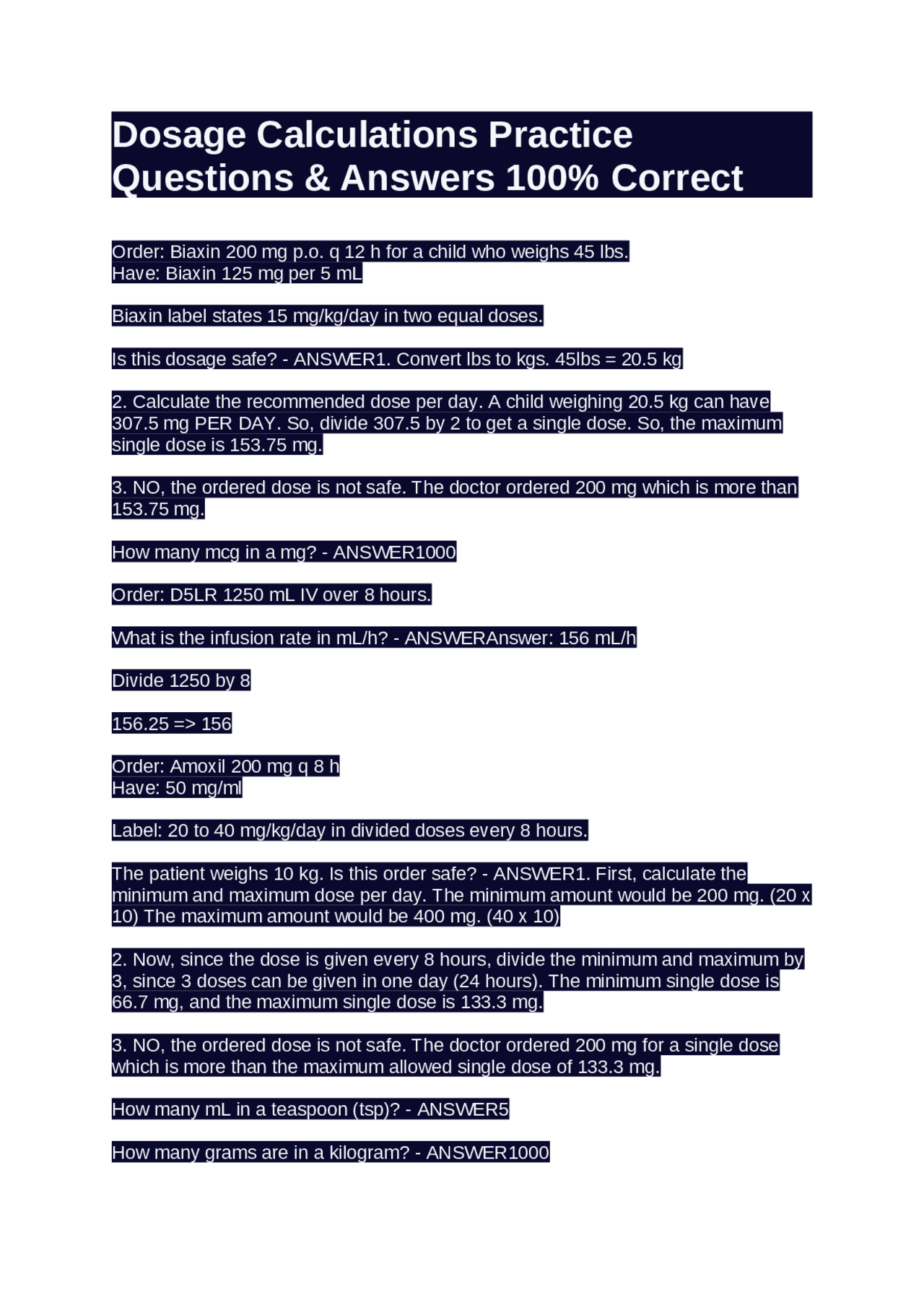 Dosage Calculations Practice Questions & Answers 100% Correct | Exams ...