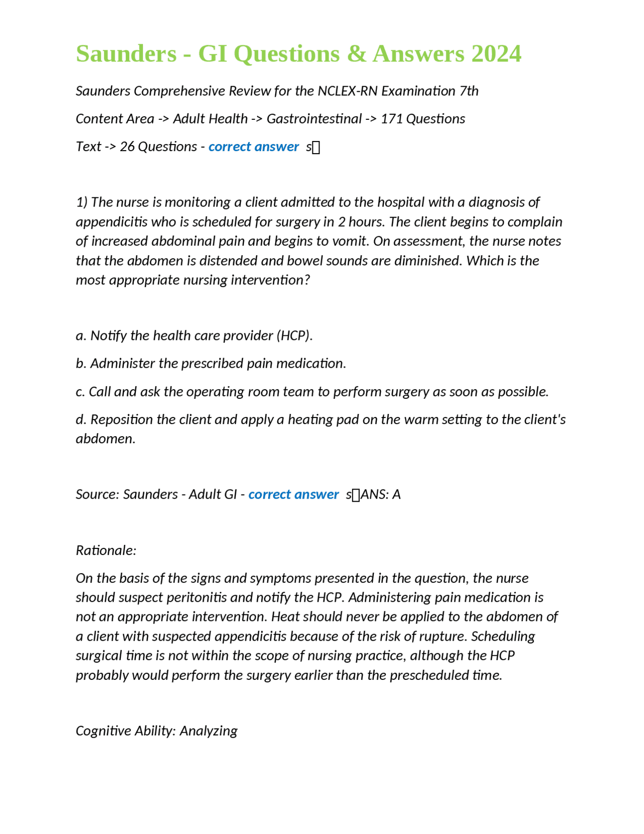 Saunders Gi Questions And Answers 2024 Exams Nursing Docsity 
