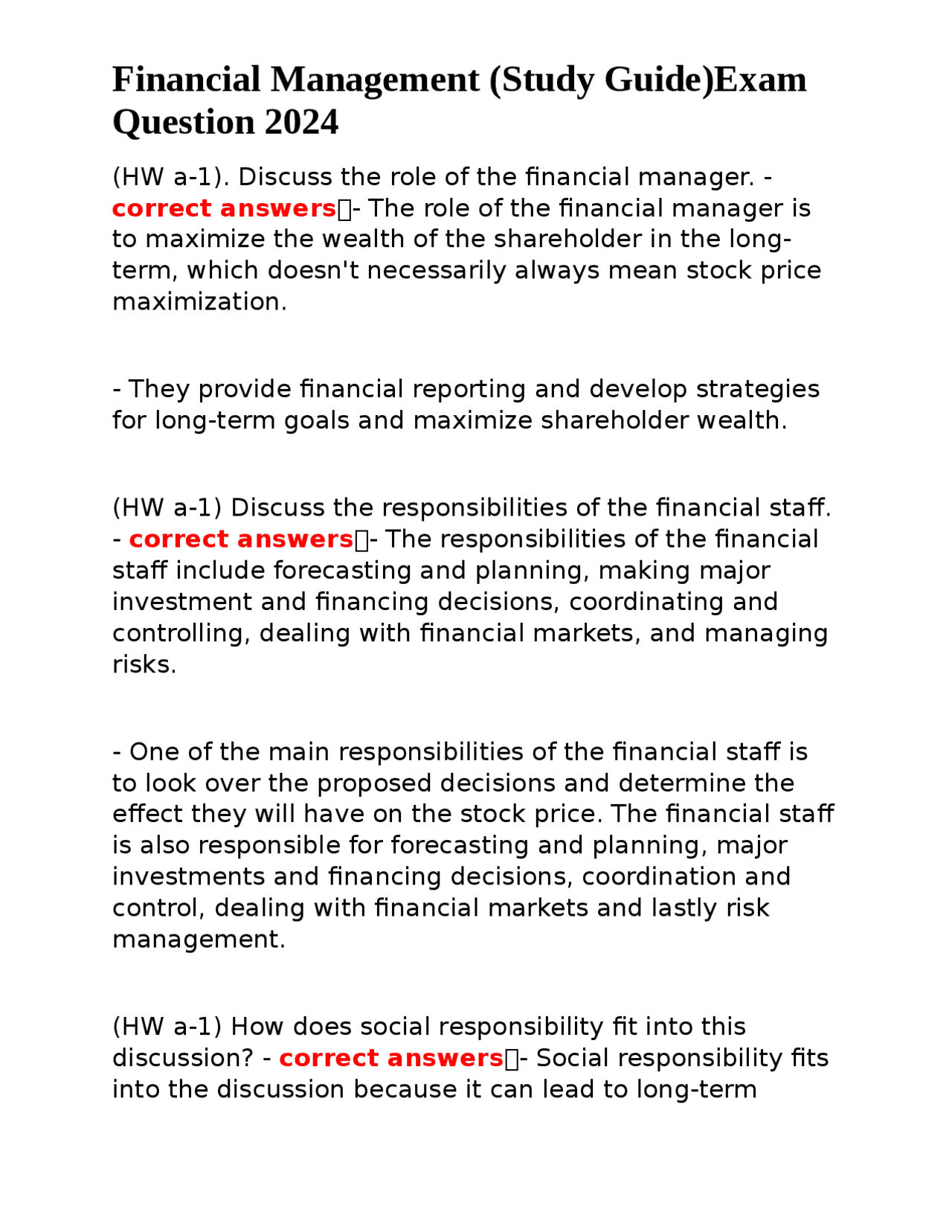 Financial Management Study Guide for Exam 2024 | Exams Nursing | Docsity