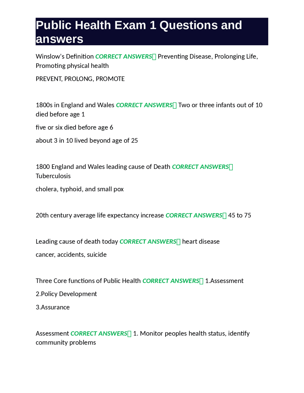 Public Health Exam 1 Questions and answers | Exams Public Health | Docsity