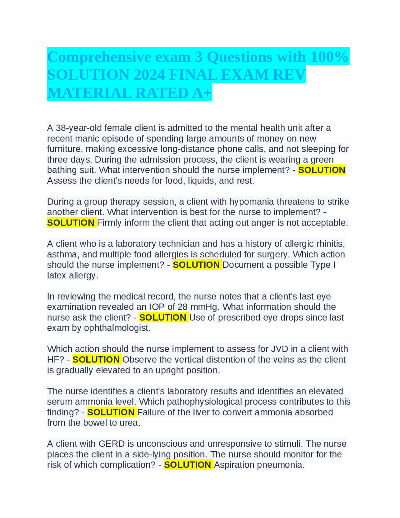 Comprehensive exam 3 Questions with 100% SOLUTION 2024 FINAL EXAM REV MATERIAL RATED A+ | Exams ...