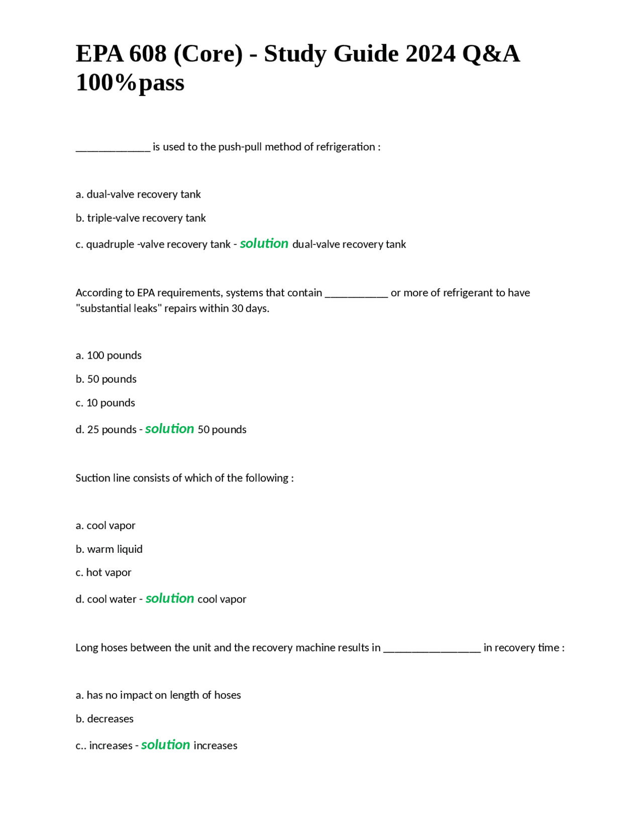 EPA 608 (Core) - Study Guide 2024 Q&A 100%pass | Exams Nursing | Docsity