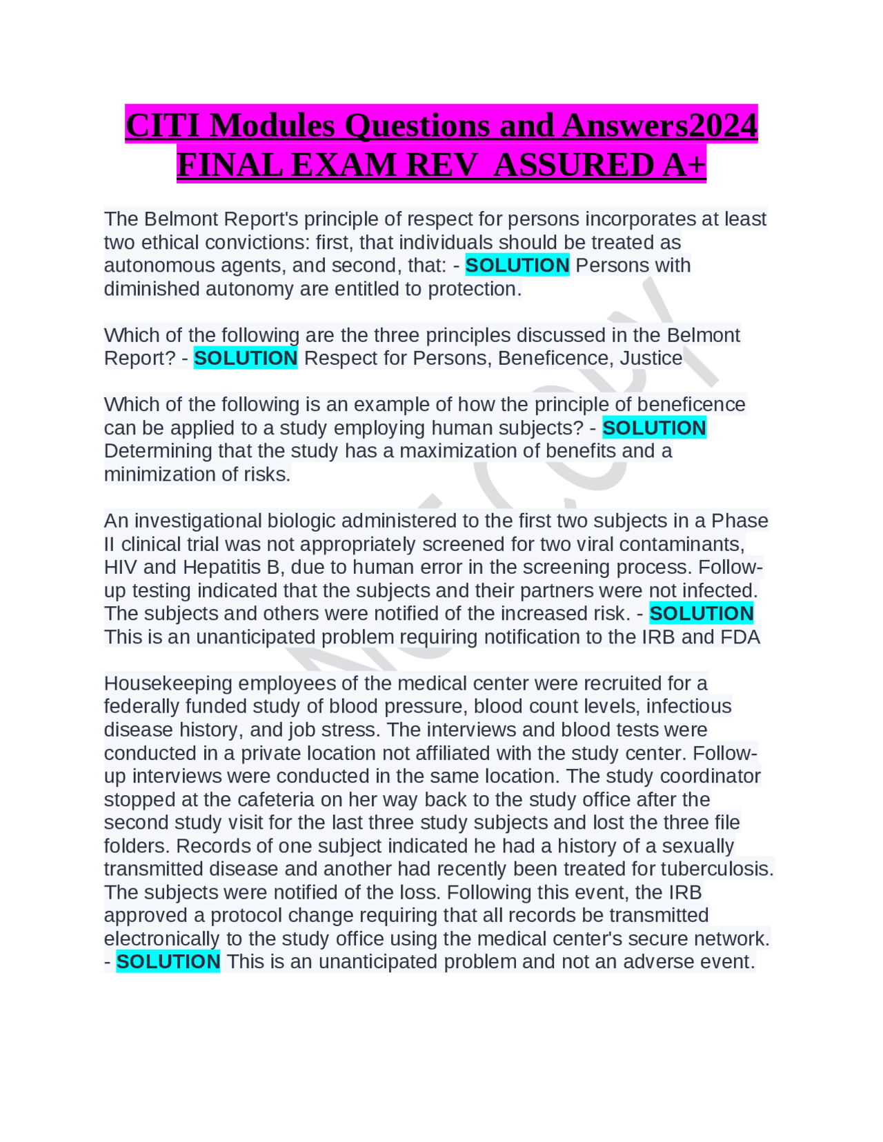 CITI Modules Questions and Answers2024 FINAL EXAM REV ASSURED A+ | Exams Research Methods in ...