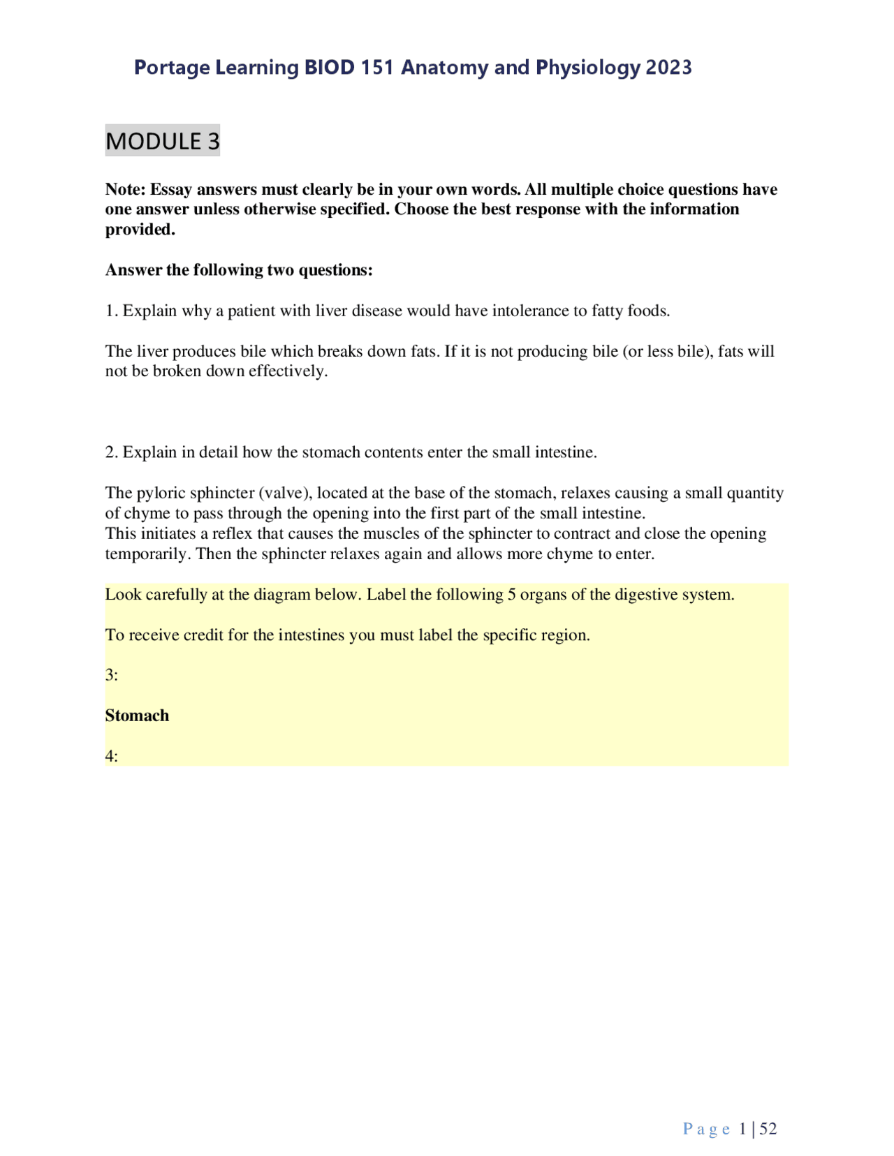 Portage Learning BIOD 151 Anatomy and Physiology 2023 module 3, 4, 5 ,6 ...