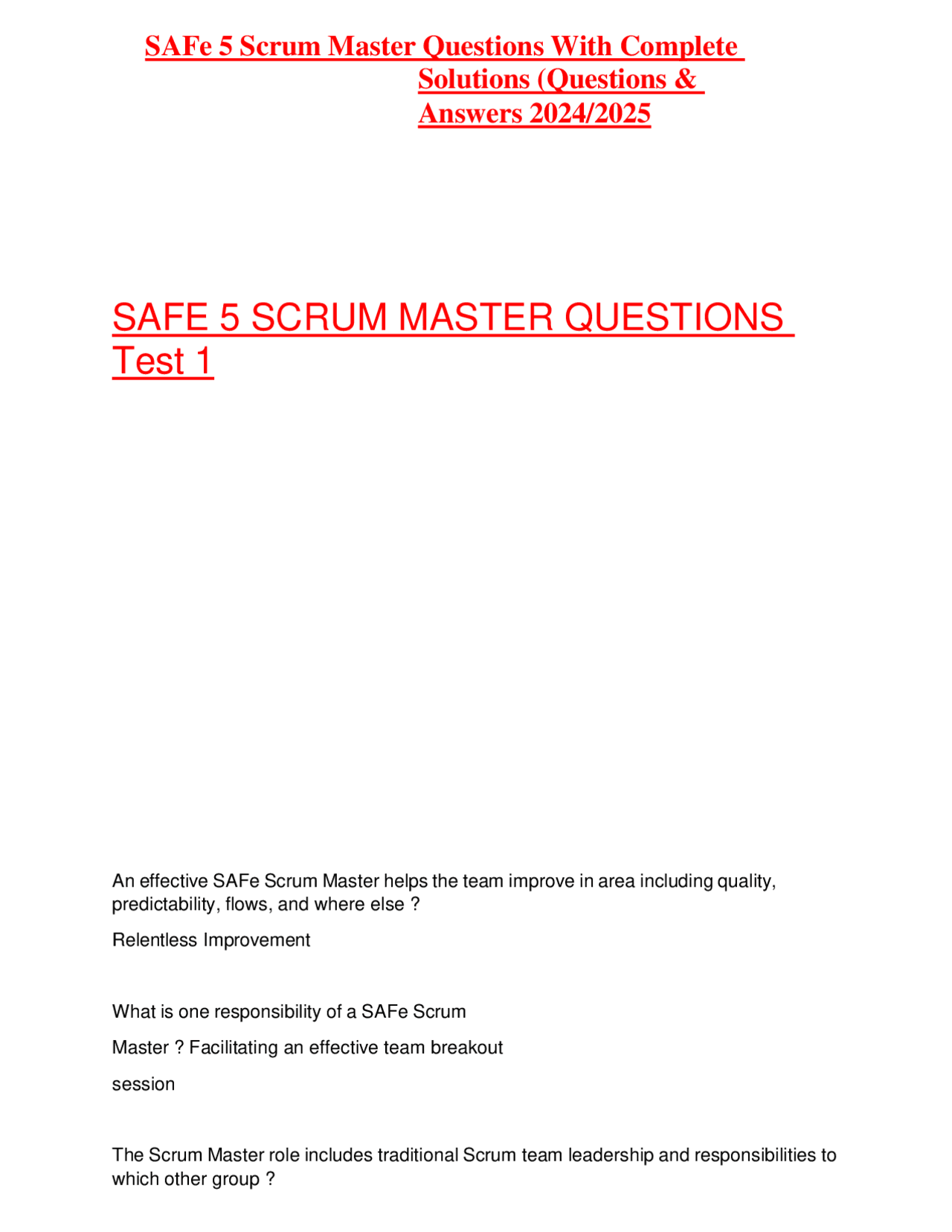 SAFe 5 Scrum Master Questions With Complete Solutions (Questions ...