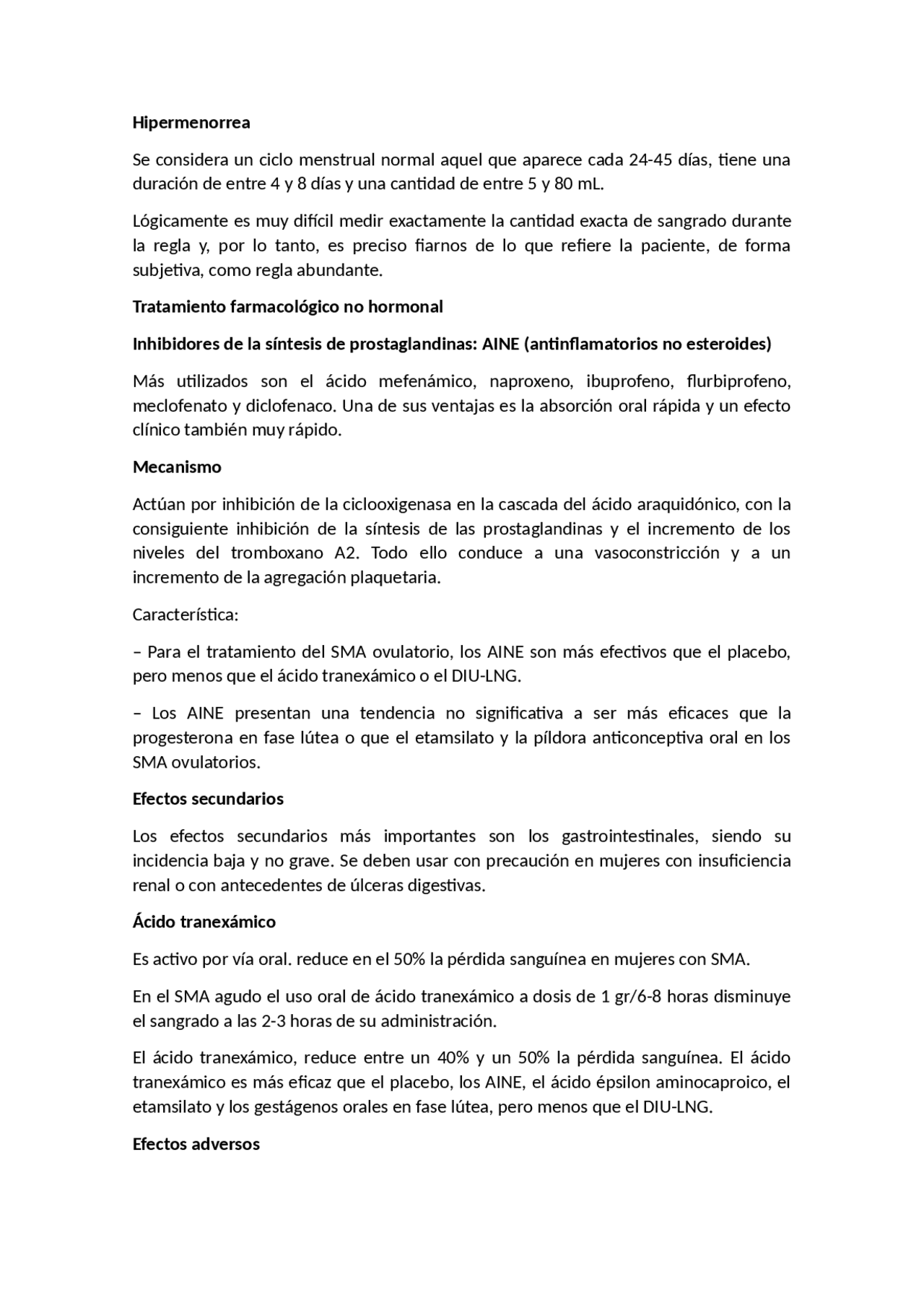 Hipermenorrea. Tratamiento farmacológico no hormonal y tratamiento ...
