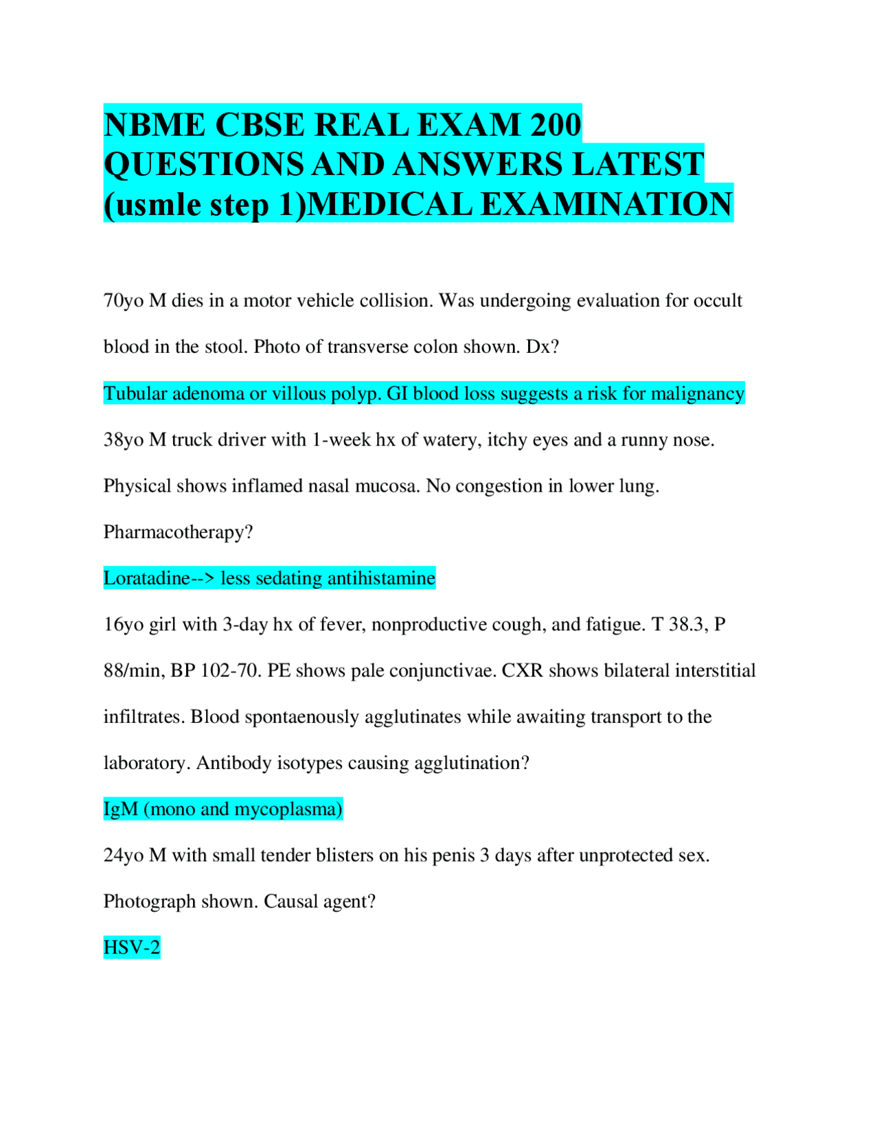 NBME CBSE REAL EXAM 200 QUESTIONS AND ANSWERS LATEST (usmle step 1 ...
