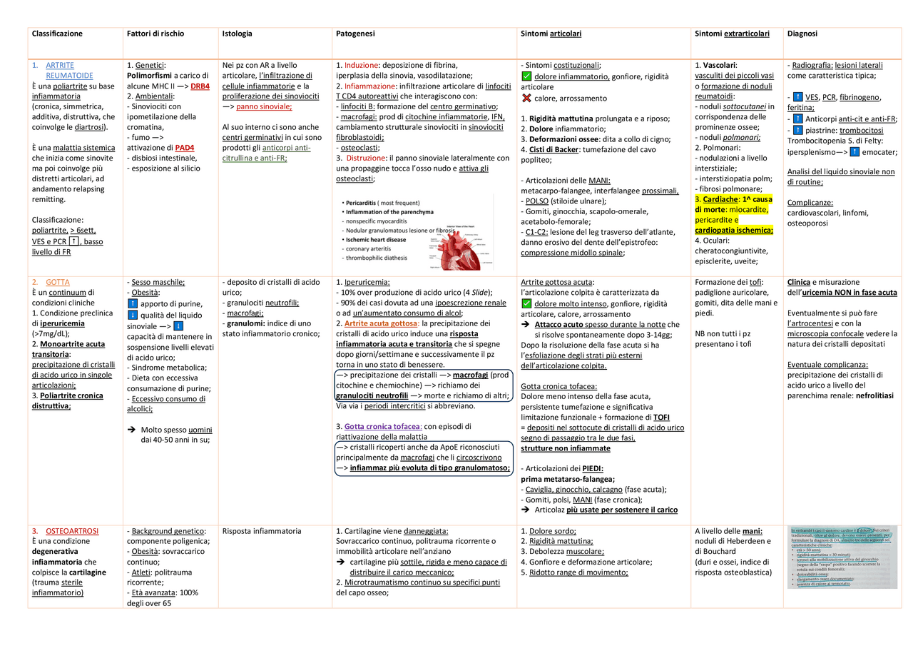 Schemi completi patologie delle articolazioni | Schemi e mappe concettuali di Immunologia | Docsity
