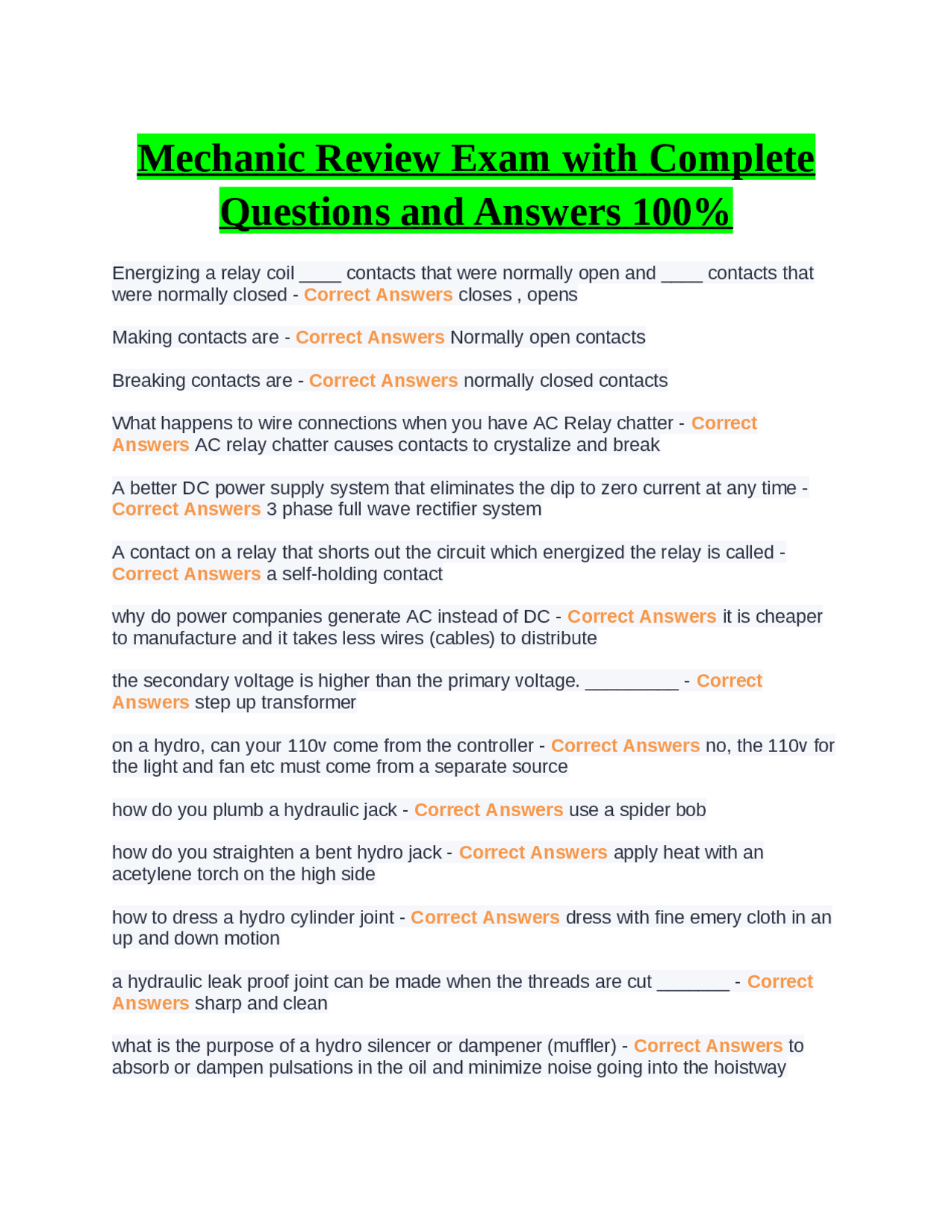 Mechanic Review Exam with Complete Questions and Answers 100% | Exams ...