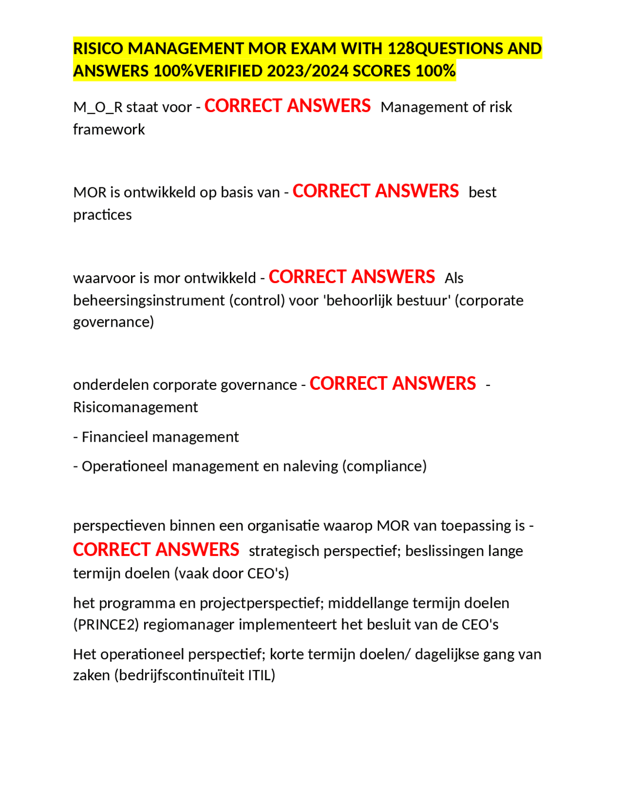 RISICO MANAGEMENT MOR EXAM WITH 128QUESTIONS AND ANSWERS 100%VERIFIED ...