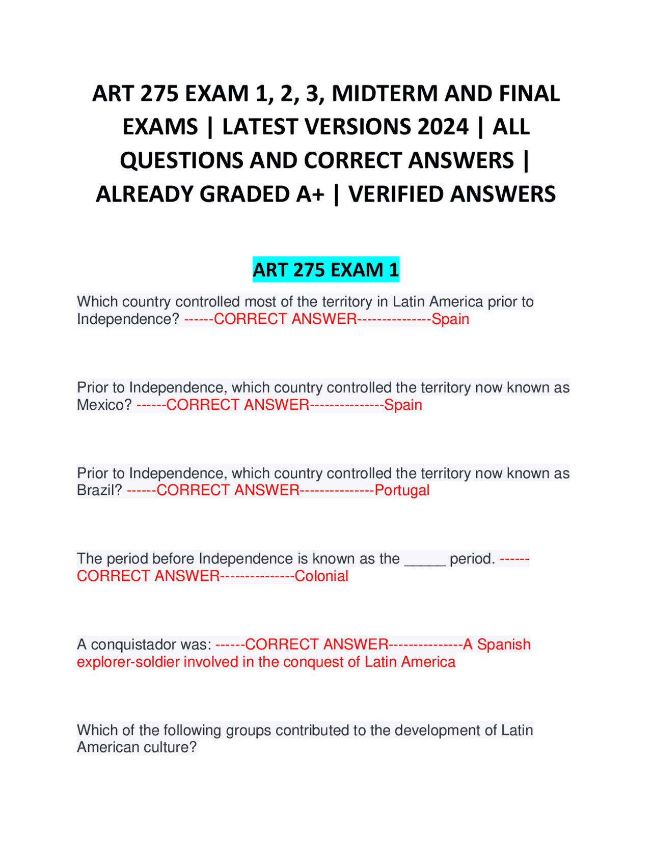ART 275 EXAM 1, 2, 3, MIDTERM AND FINAL EXAMS | LATEST VERSIONS 2024 ...