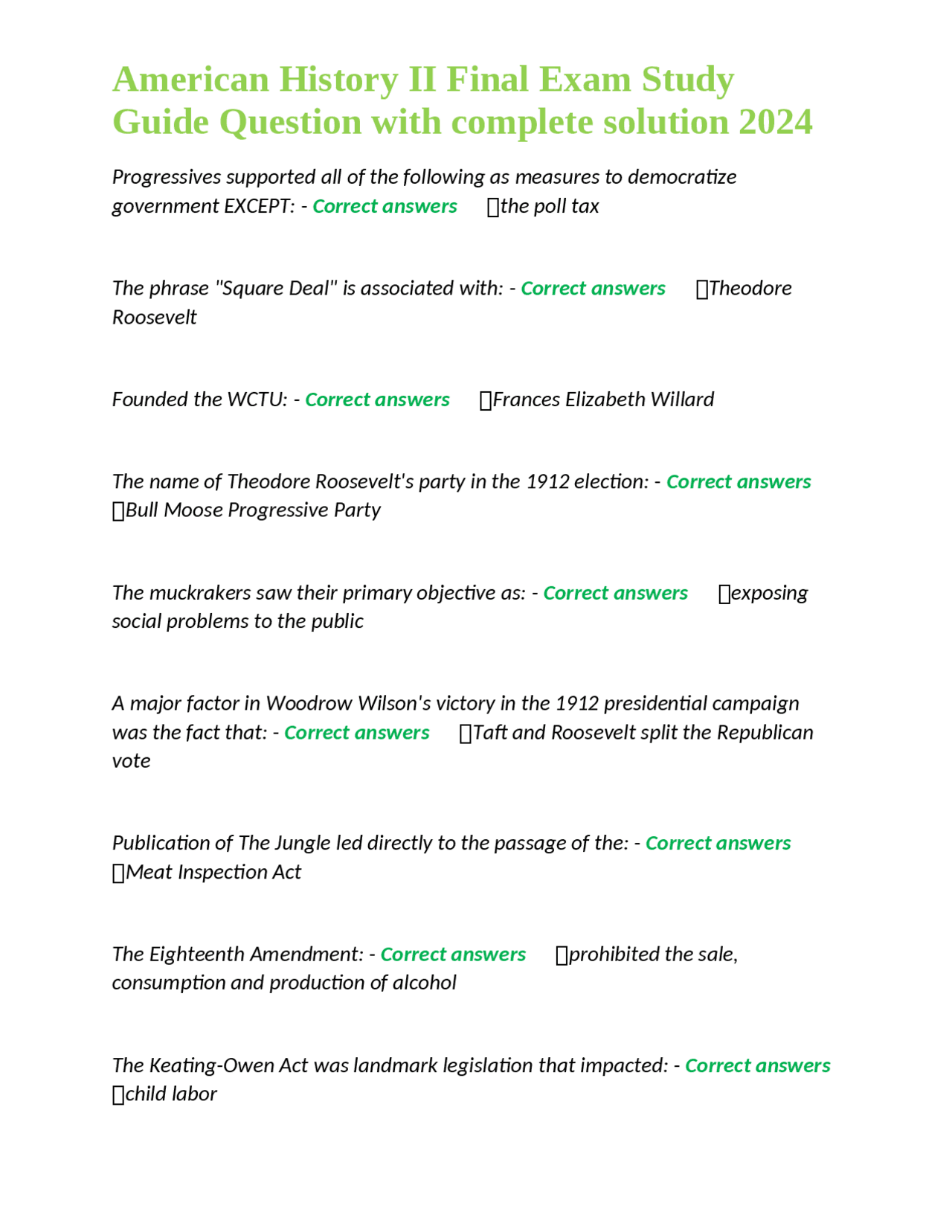 American History II Final Exam Study Guide Question with complete ...