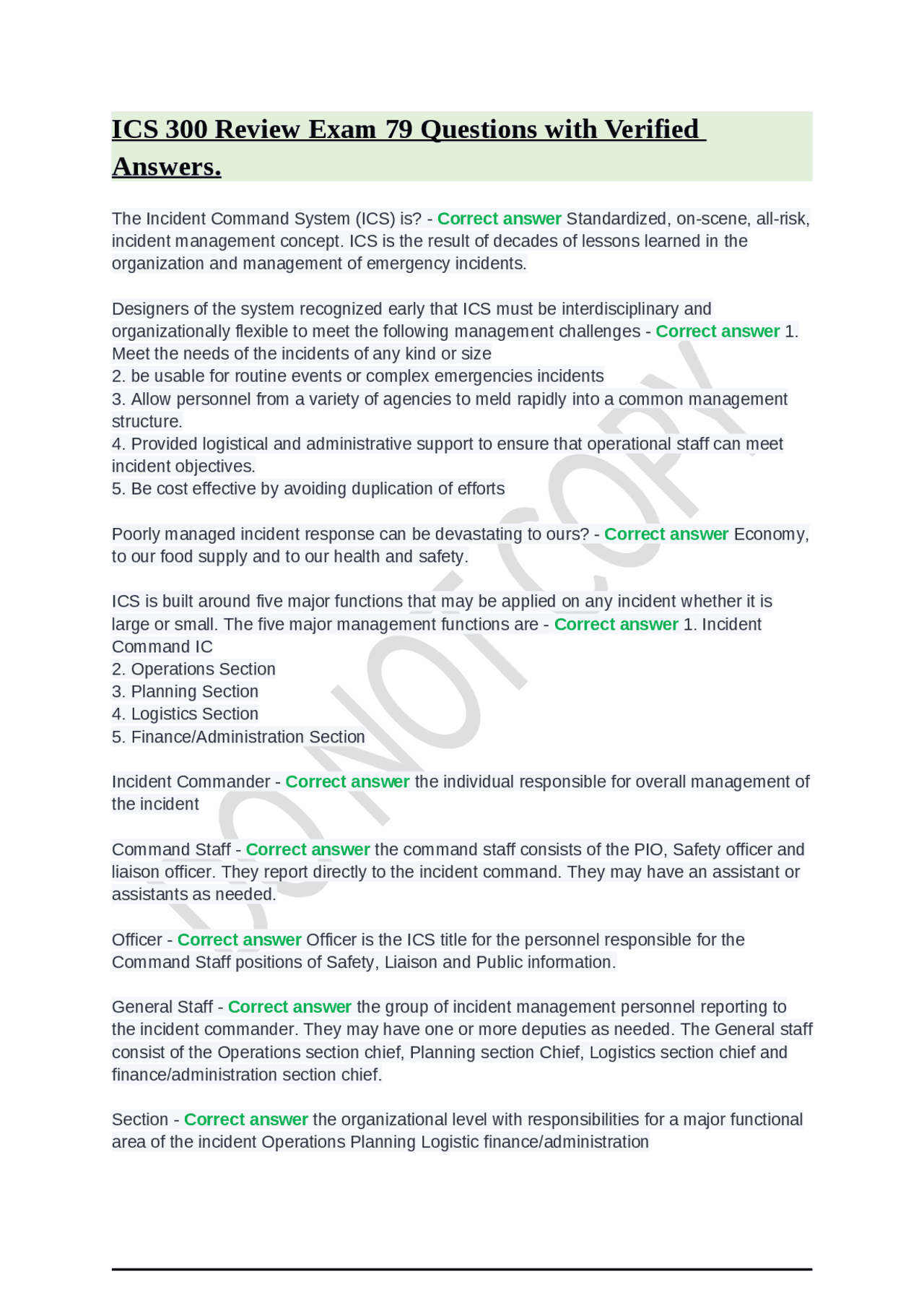 ICS 300 Review Exam 79 Questions with Verified Answers. | Exams Human ...