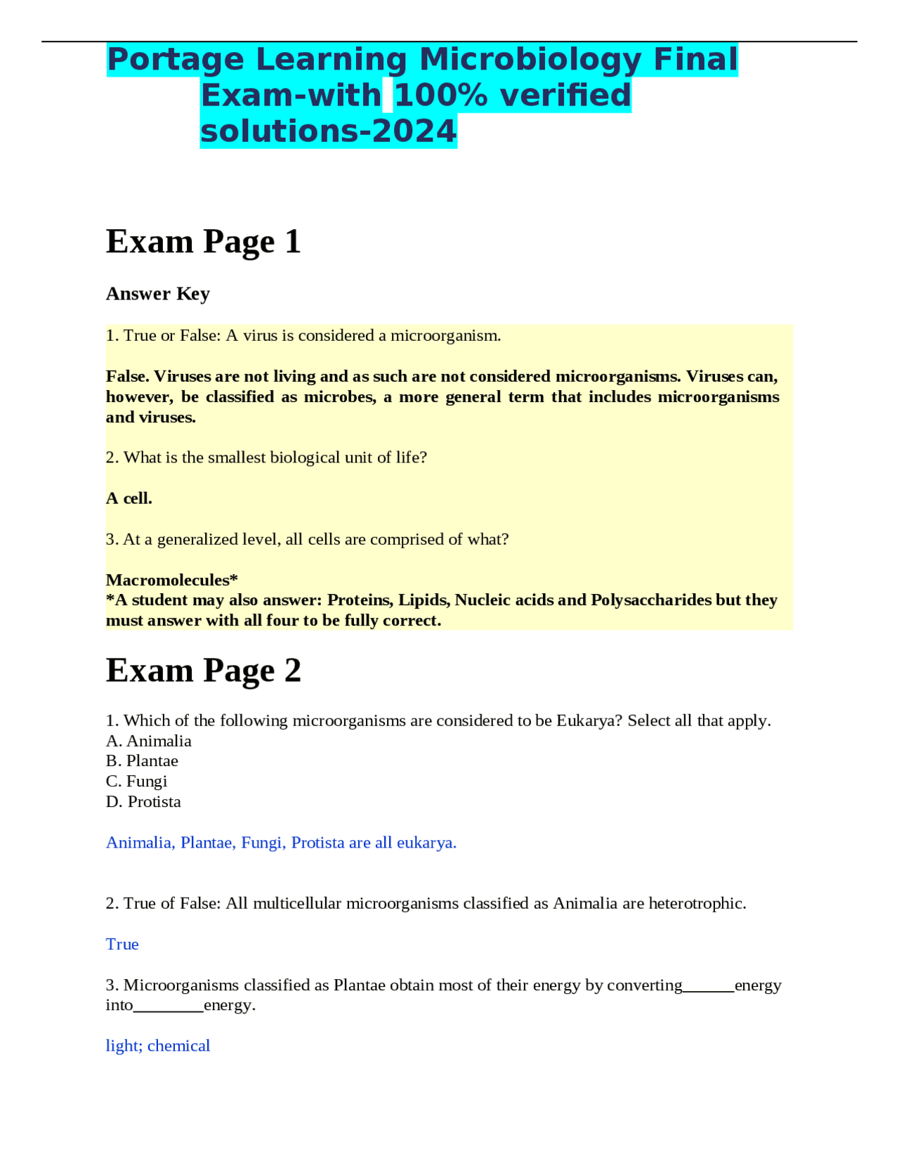 Portage Learning Microbiology Final Exam-with 100 verified solutions ...