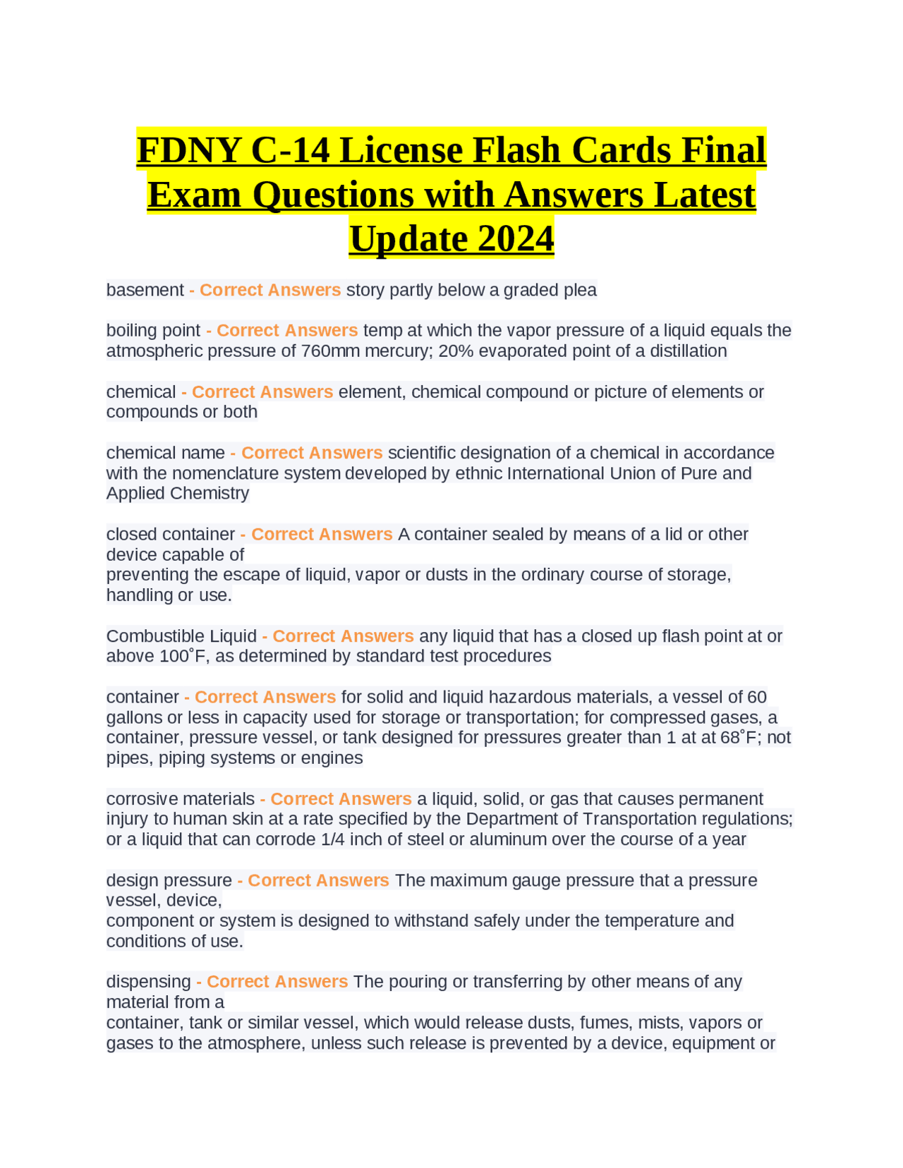 FDNY C-14 License Flash Cards Final Exam Questions with Answers Latest ...