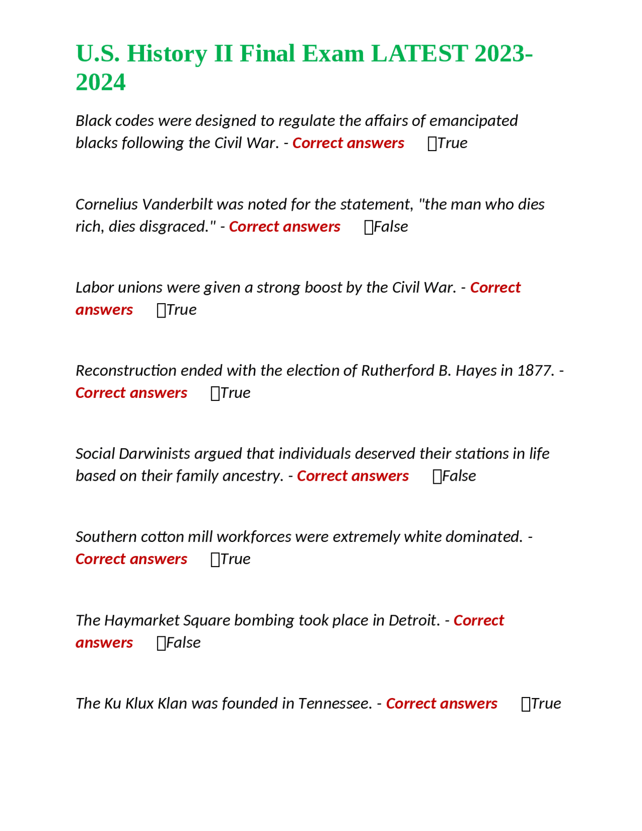 U.S. History II Final Exam LATEST 2023-2024 | Exams Nursing | Docsity