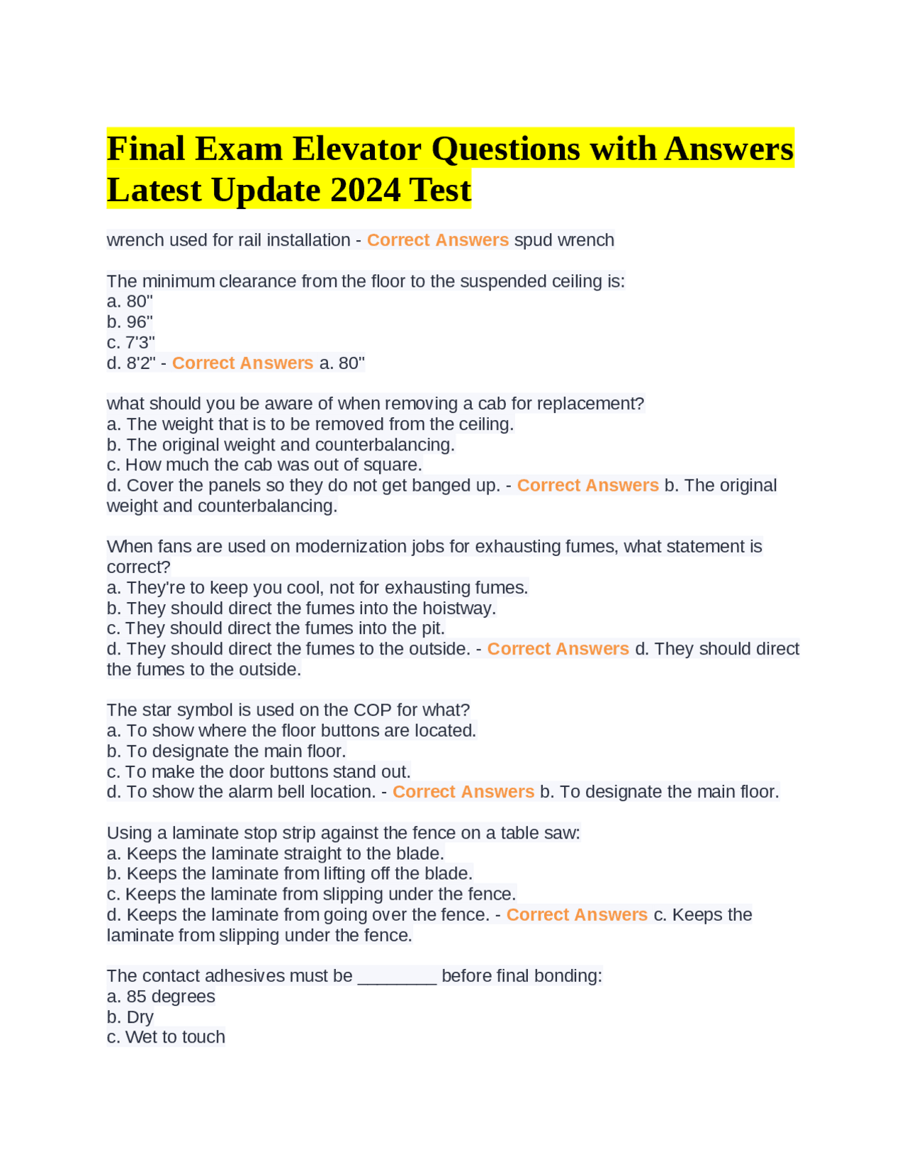 Final Exam Elevator Questions with Answers Latest Update 2024 Test ...