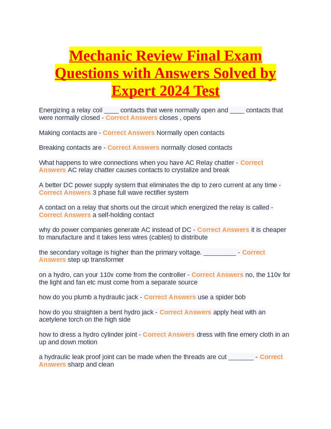 Mechanic Review Final Exam Questions with Answers Solved by Expert 2024 ...