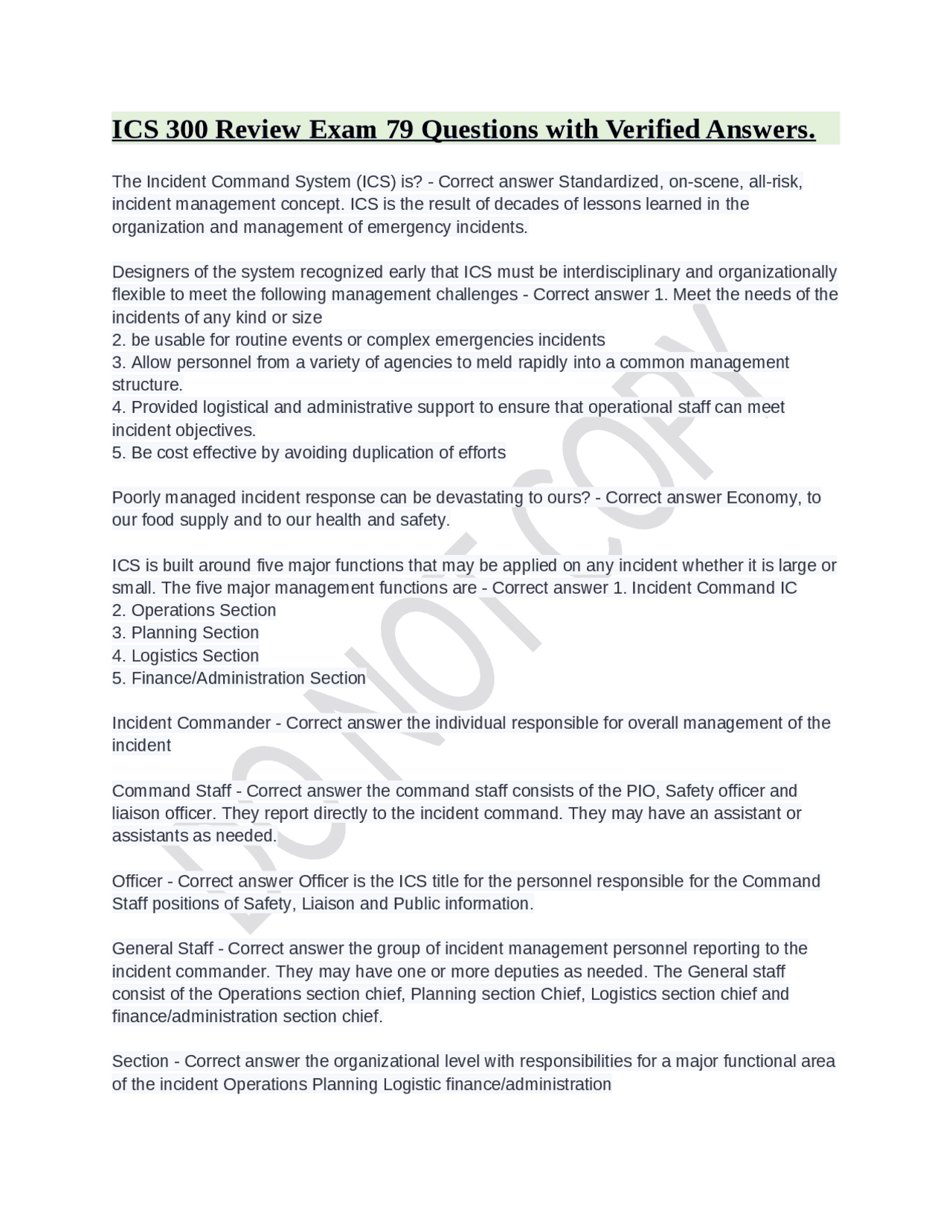 ICS 300 Review Exam 79 Questions with Verified Answers. | Exams Human ...