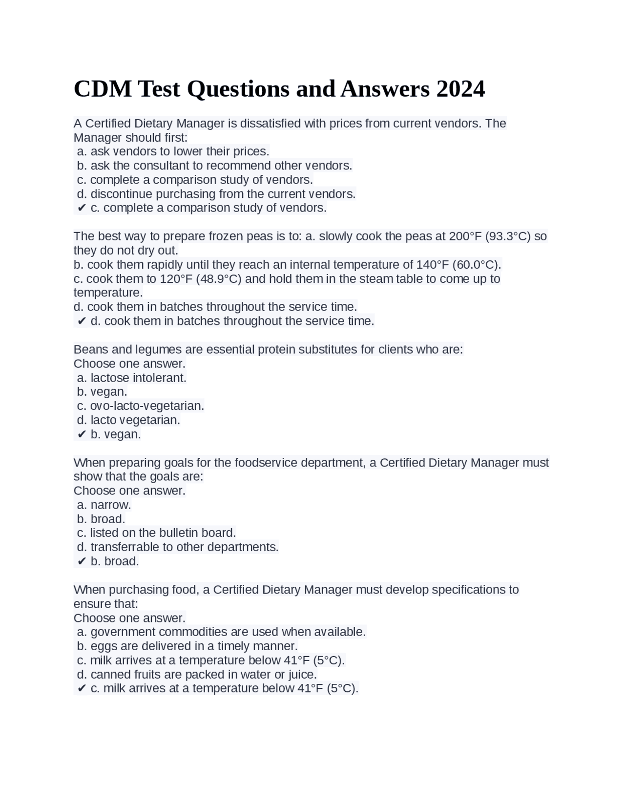 CDM Test Questions and Answers 2024 | Exams Nutrition | Docsity
