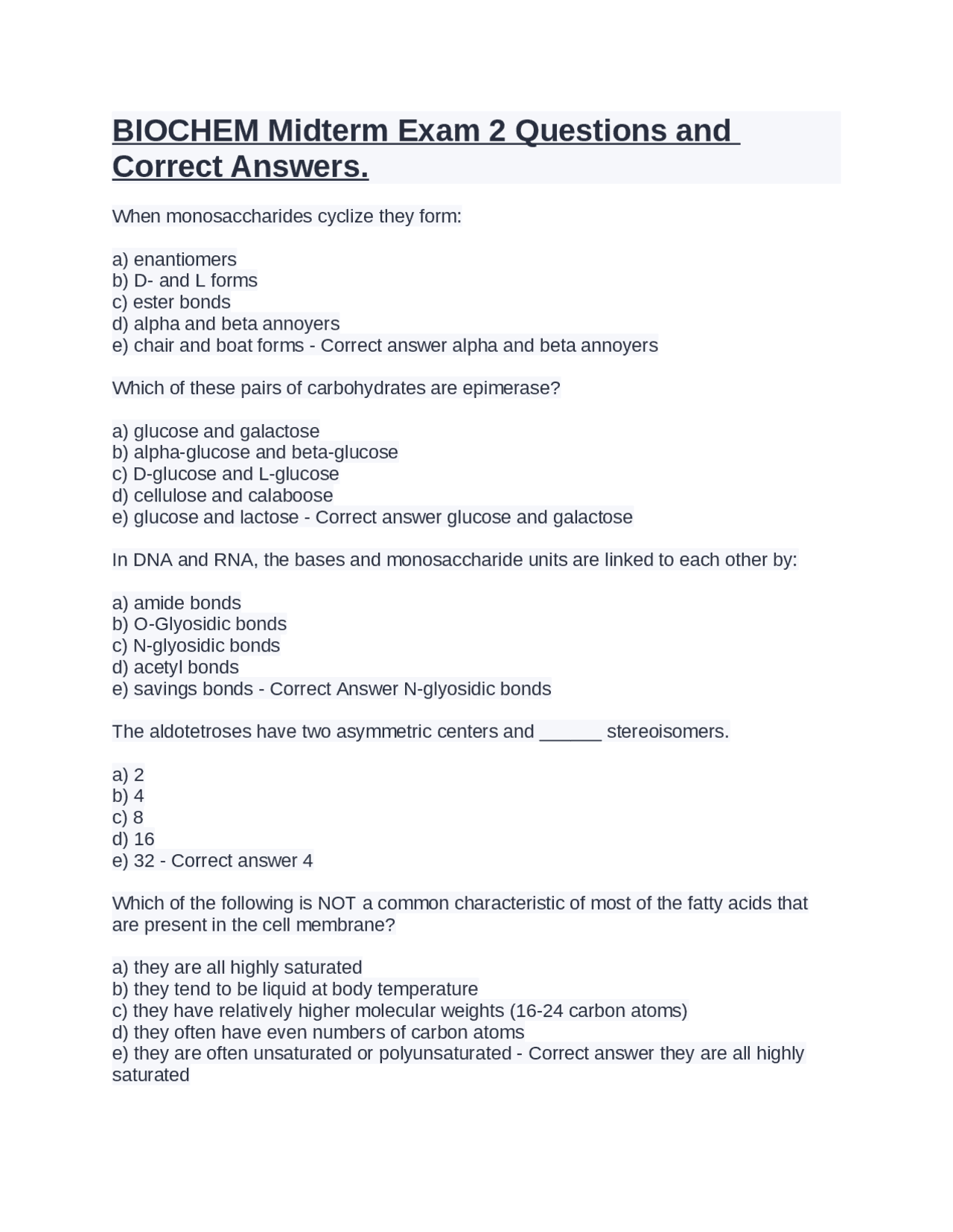 BIOCHEM Midterm Exam 2 Questions and Correct Answers. | Exams Medical ...