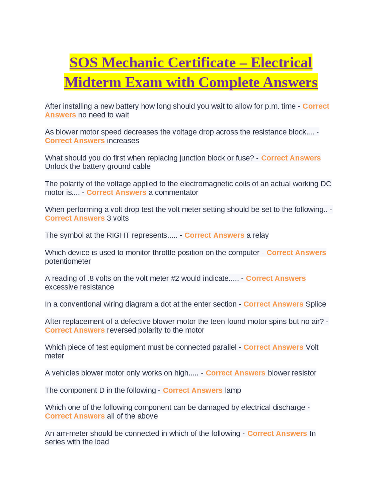 SOS Mechanic Certificate - Electrical Midterm Exam Answers | Exams ...