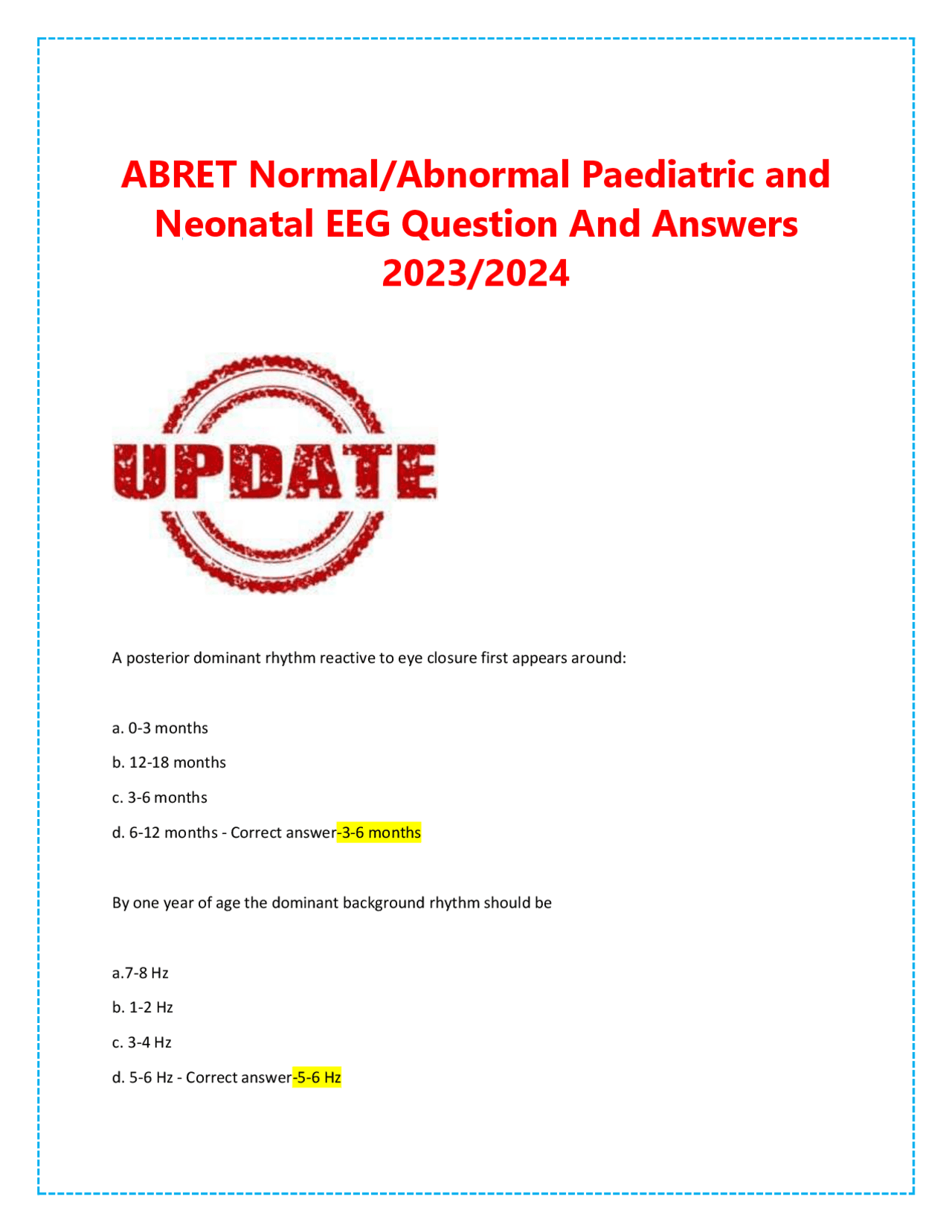 ABRET Normal/Abnormal Paediatric and Neonatal EEG Question And Answers ...