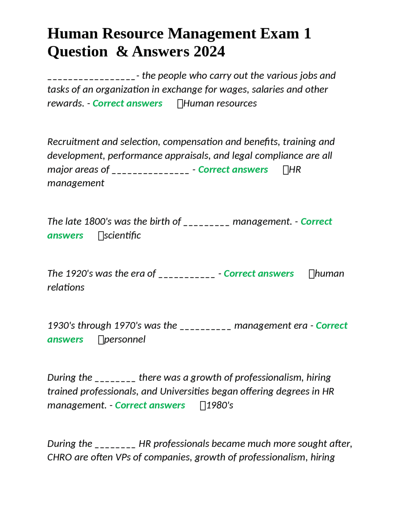Human Resource Management Exam 1 Question & Answers 2024 | Exams ...