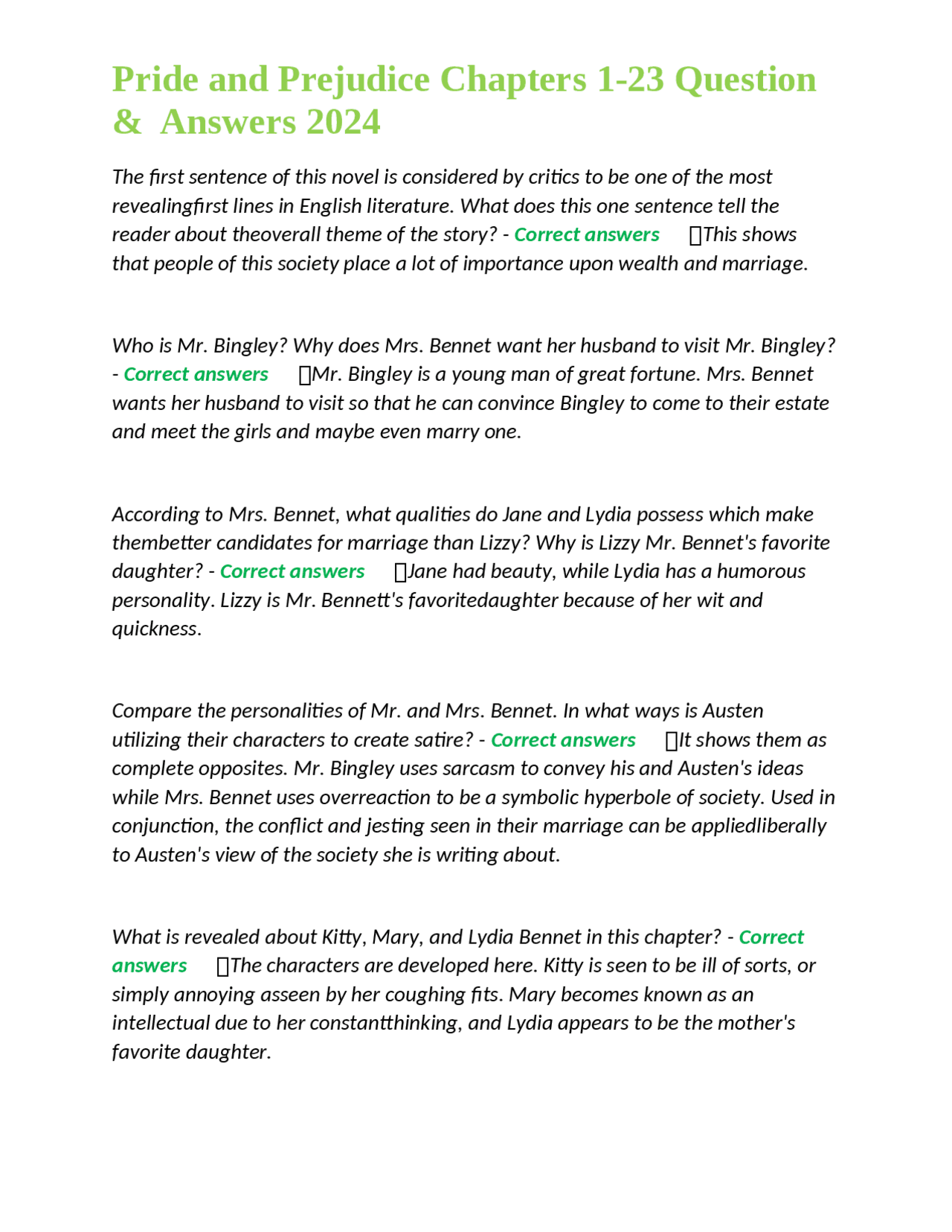 Pride and Prejudice Chapters 1-23 Question & Answers 2024 | Exams ...