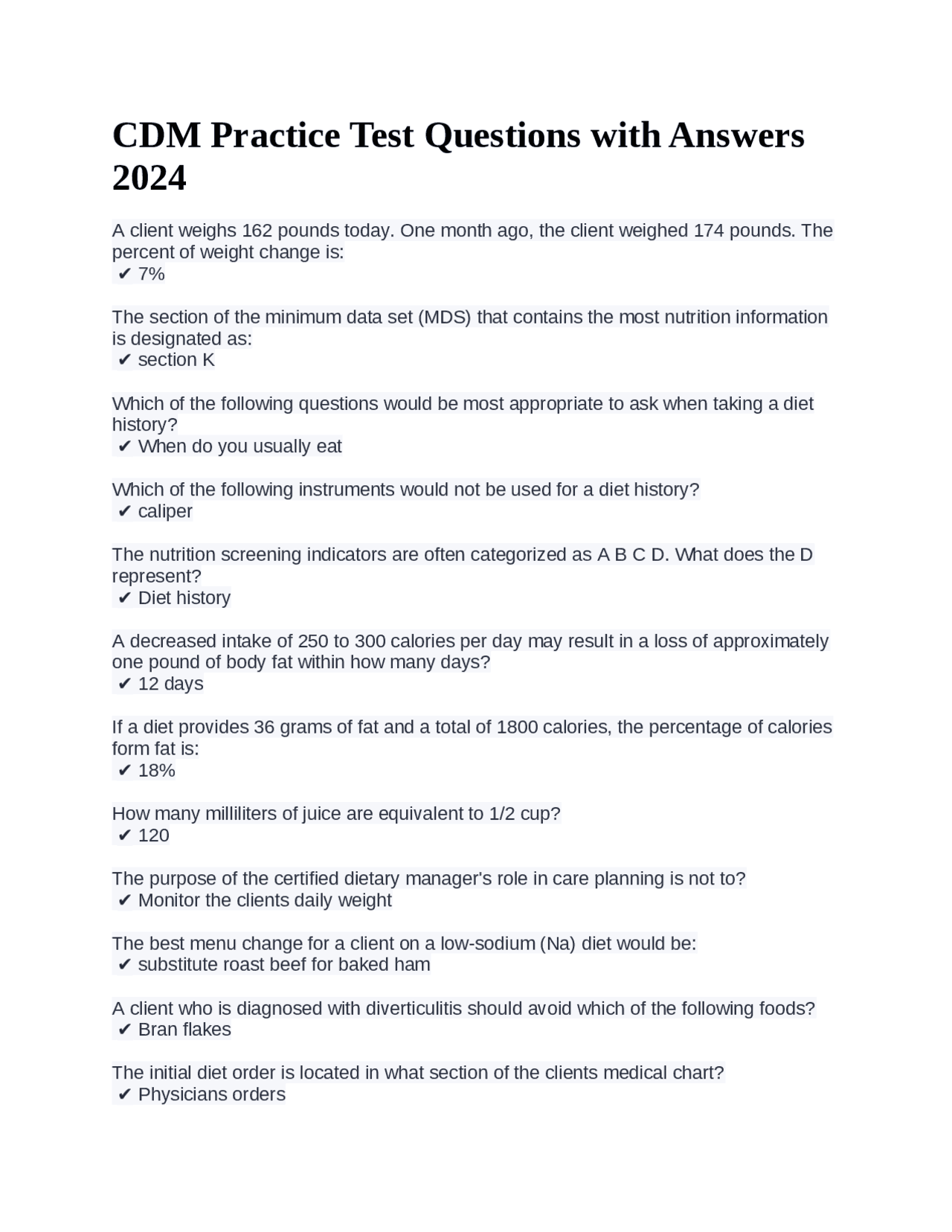 CDM Practice Test Questions with Answers 2024 | Exams Nutrition | Docsity