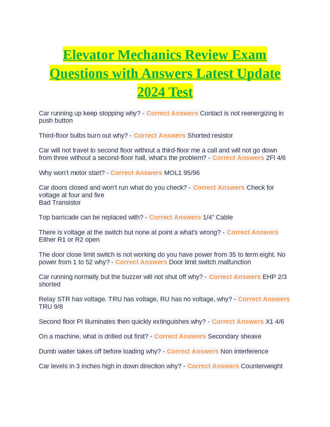 Elevator Mechanics Review Exam Questions with Answers Latest Update ...
