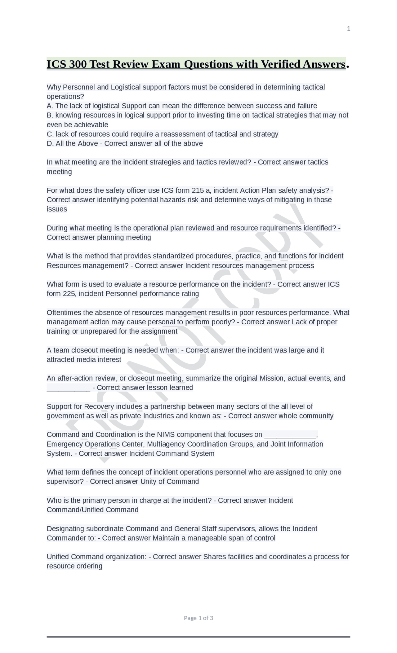 ICS 300 Test Review Exam Questions with Verified Answers | Exams Human ...