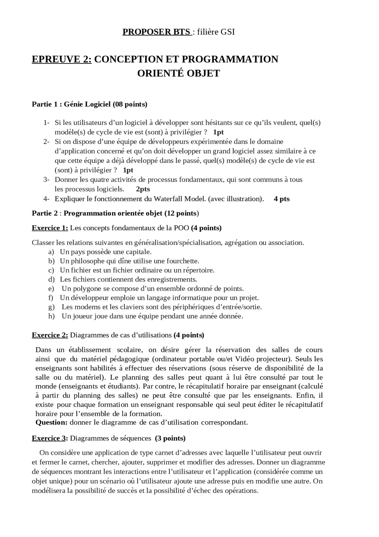 Modelisation Orientée Objet Exams Computer Science Docsity