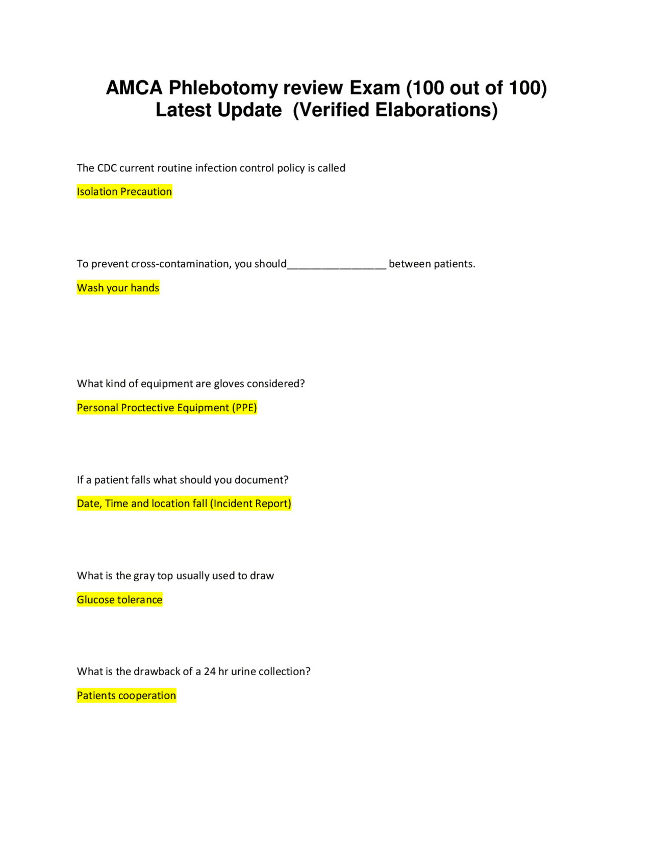 AMCA Phlebotomy review Exam (100 out of 100) Latest Update (Verified ...