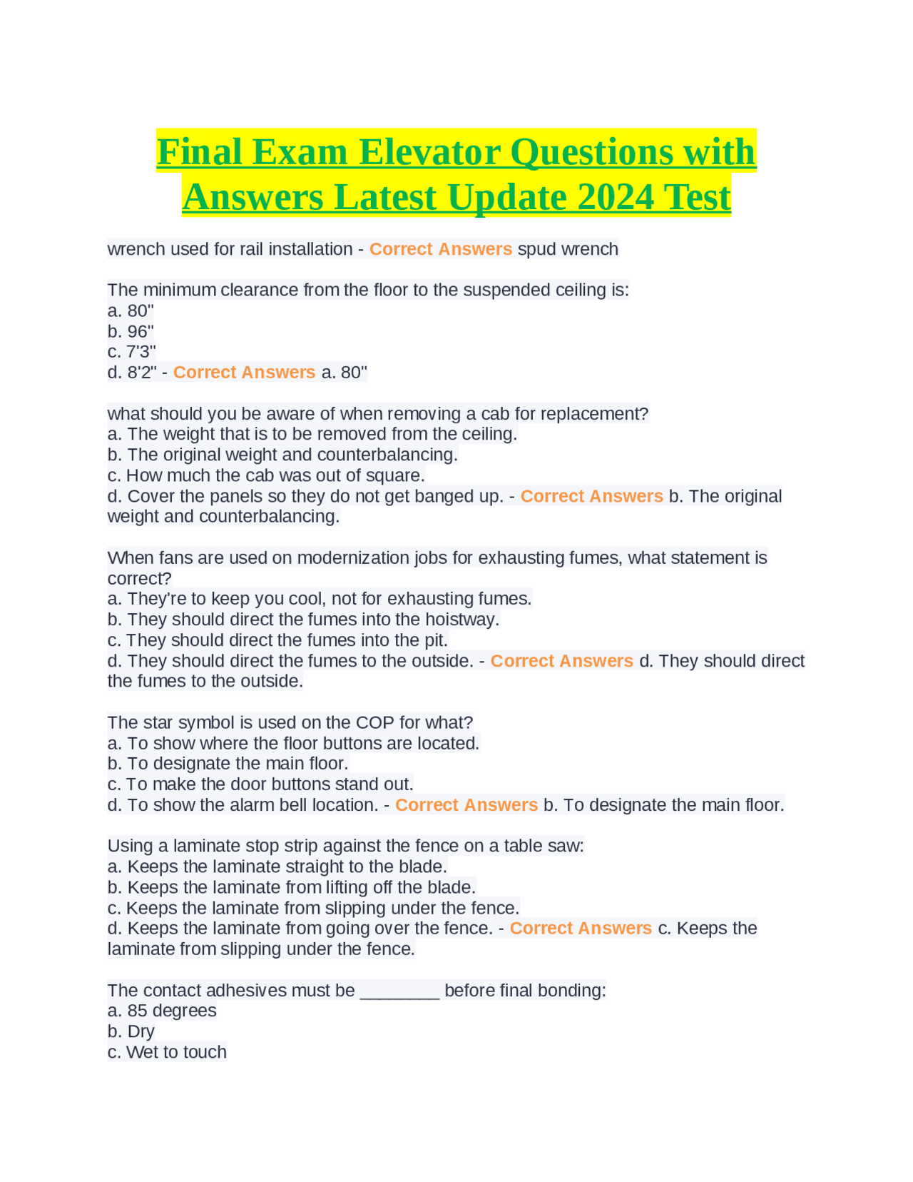 Final Exam Elevator Questions with Answers Latest Update 2024 Test ...