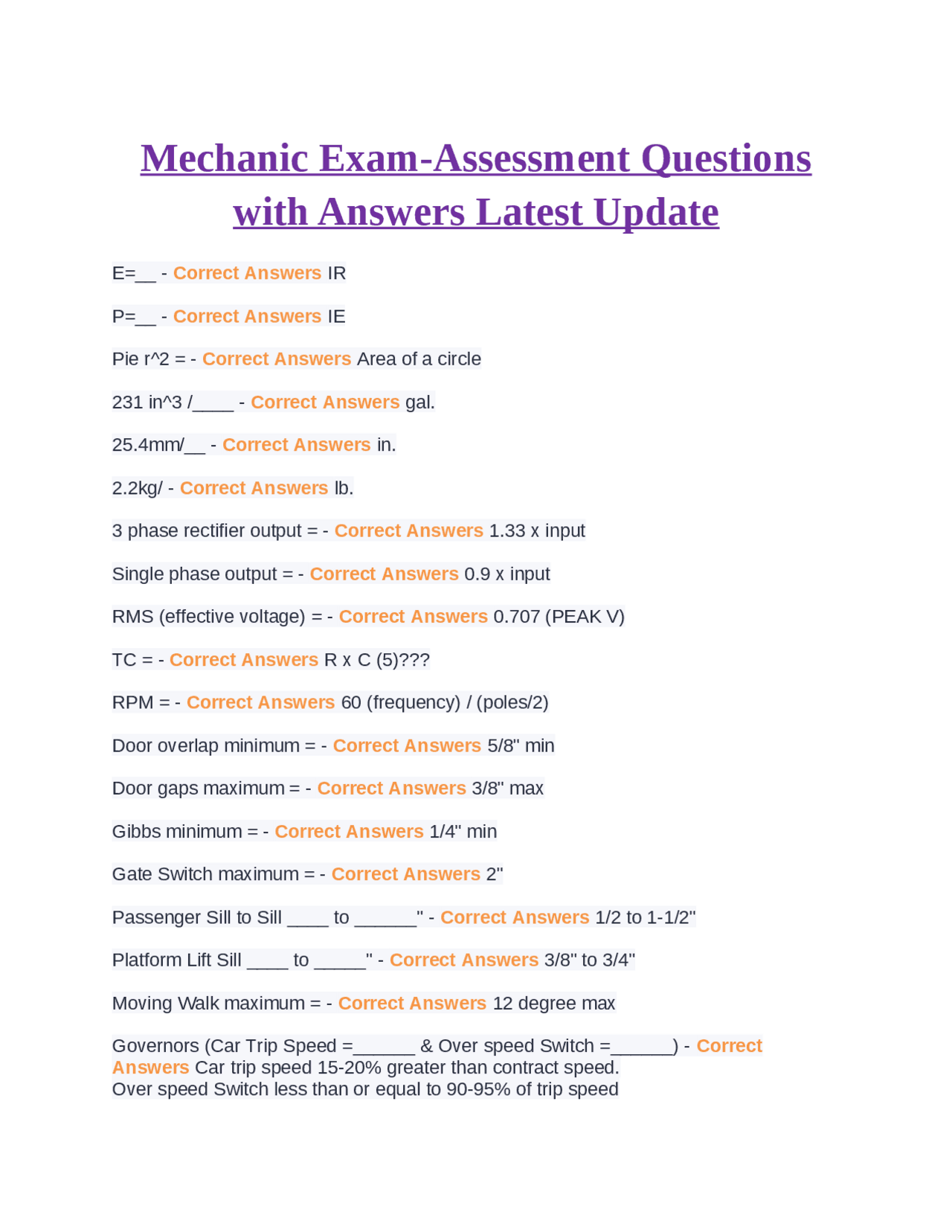 Mechanic Exam-Assessment Questions with Answers Latest Update | Exams ...