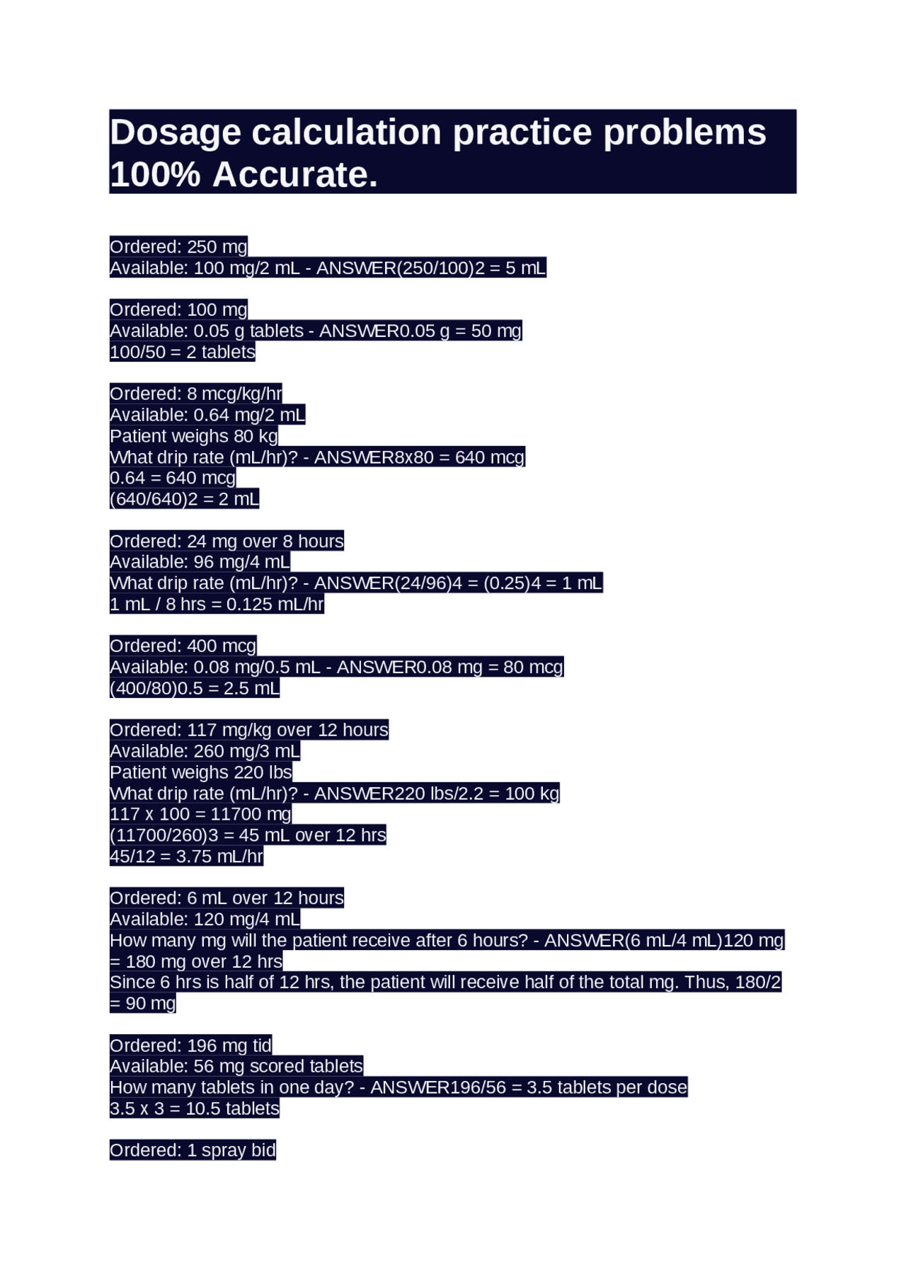 Dosage Calculation Practice Problems for Pharmacy Students | Exams ...