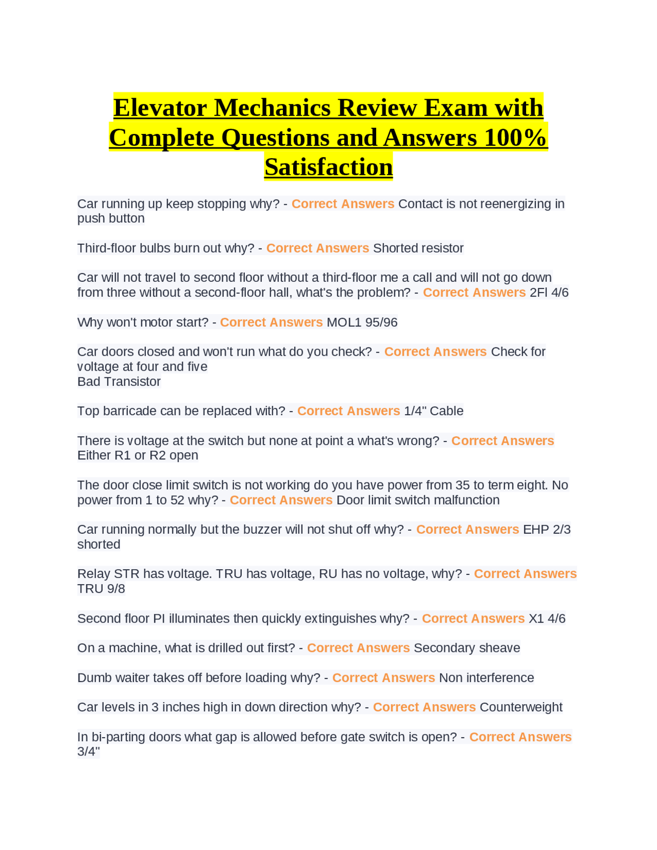 Elevator Mechanics Review Exam with Complete Questions and Answers 100% ...