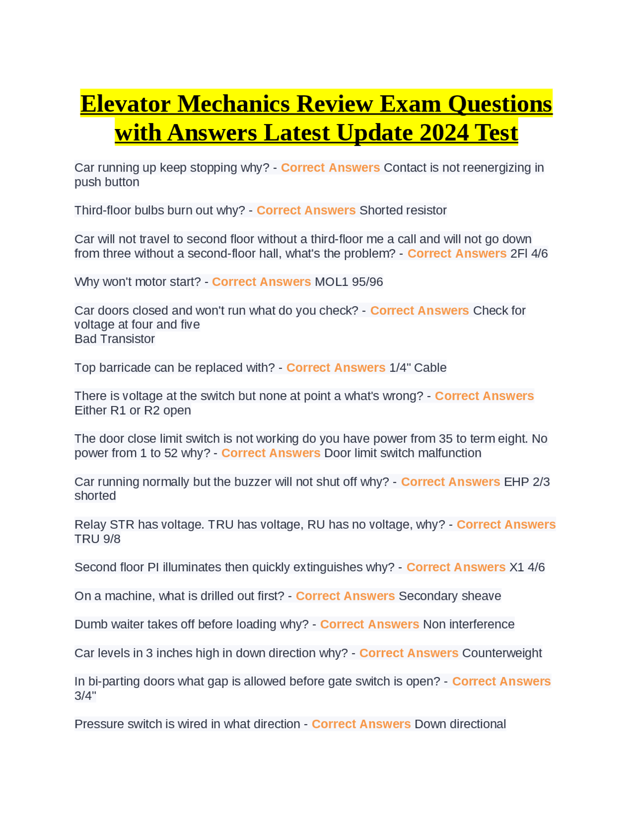 Elevator Troubleshooting Guide | Exams Nursing | Docsity
