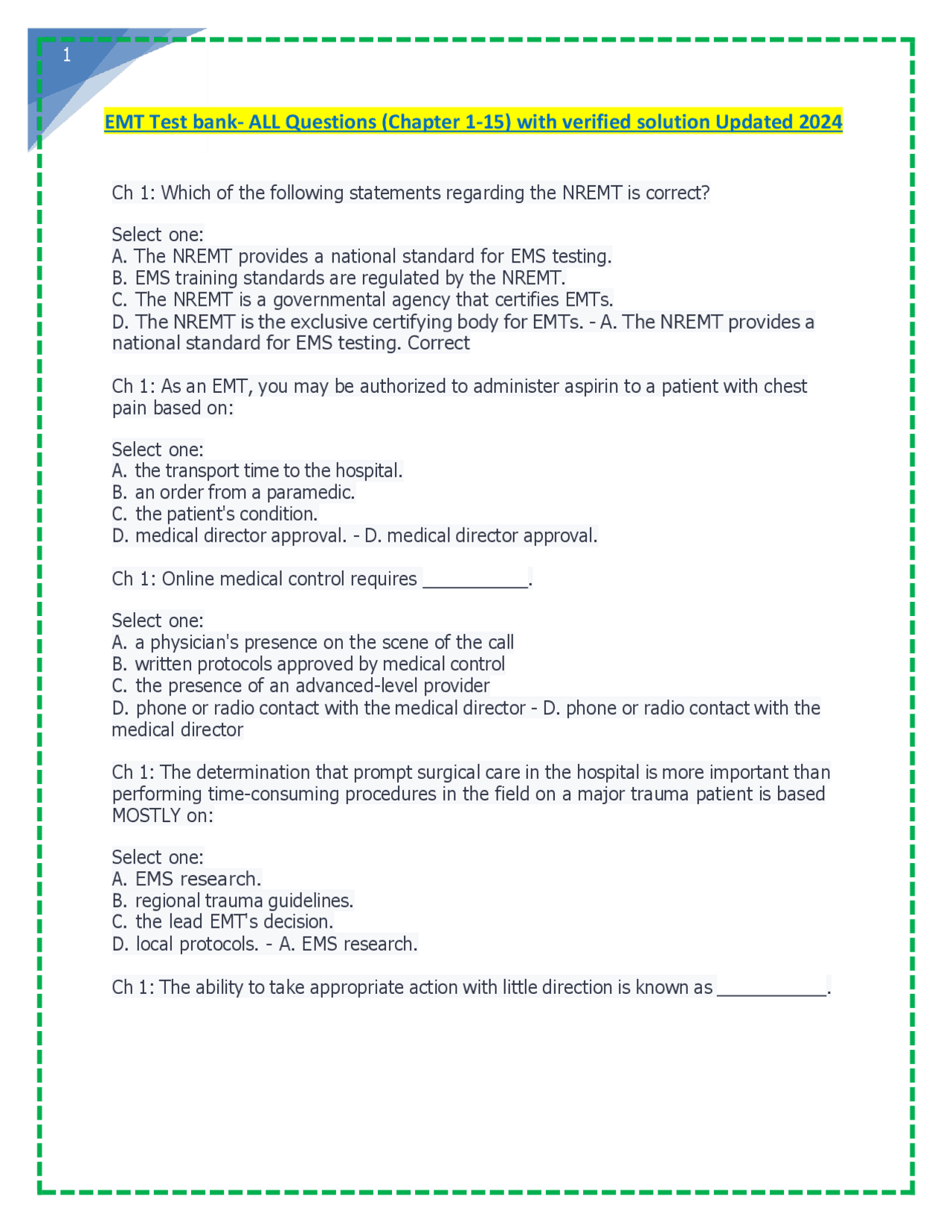 EMT Test bank- ALL Questions (Chapter 1-15) with verified solution ...