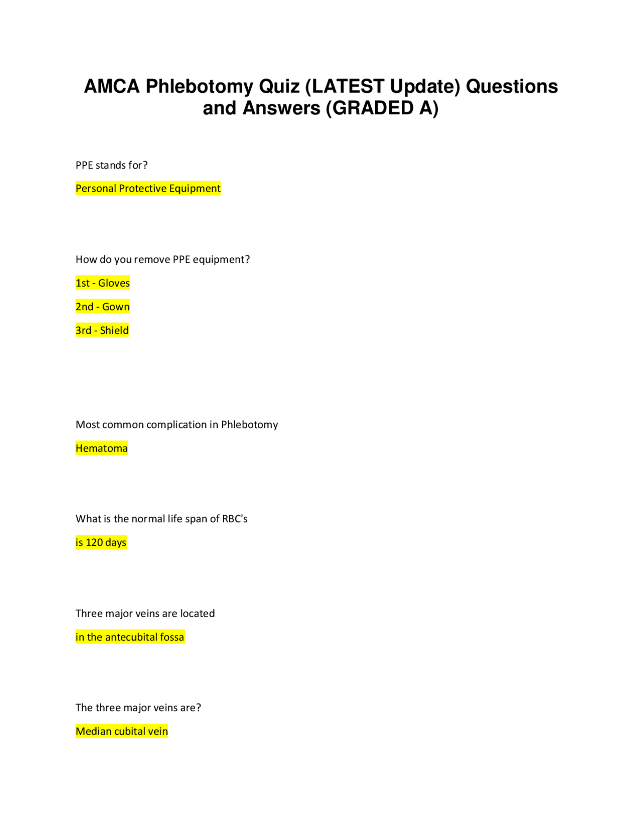 AMCA Phlebotomy Quiz (LATEST Update) Questions and Answers (GRADED A ...