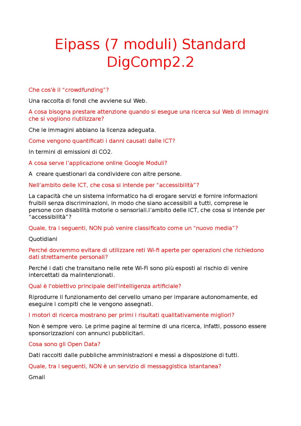 Eipass Standard DigComp2.2 | Prove d'esame di Fondamenti di informatica | Docsity