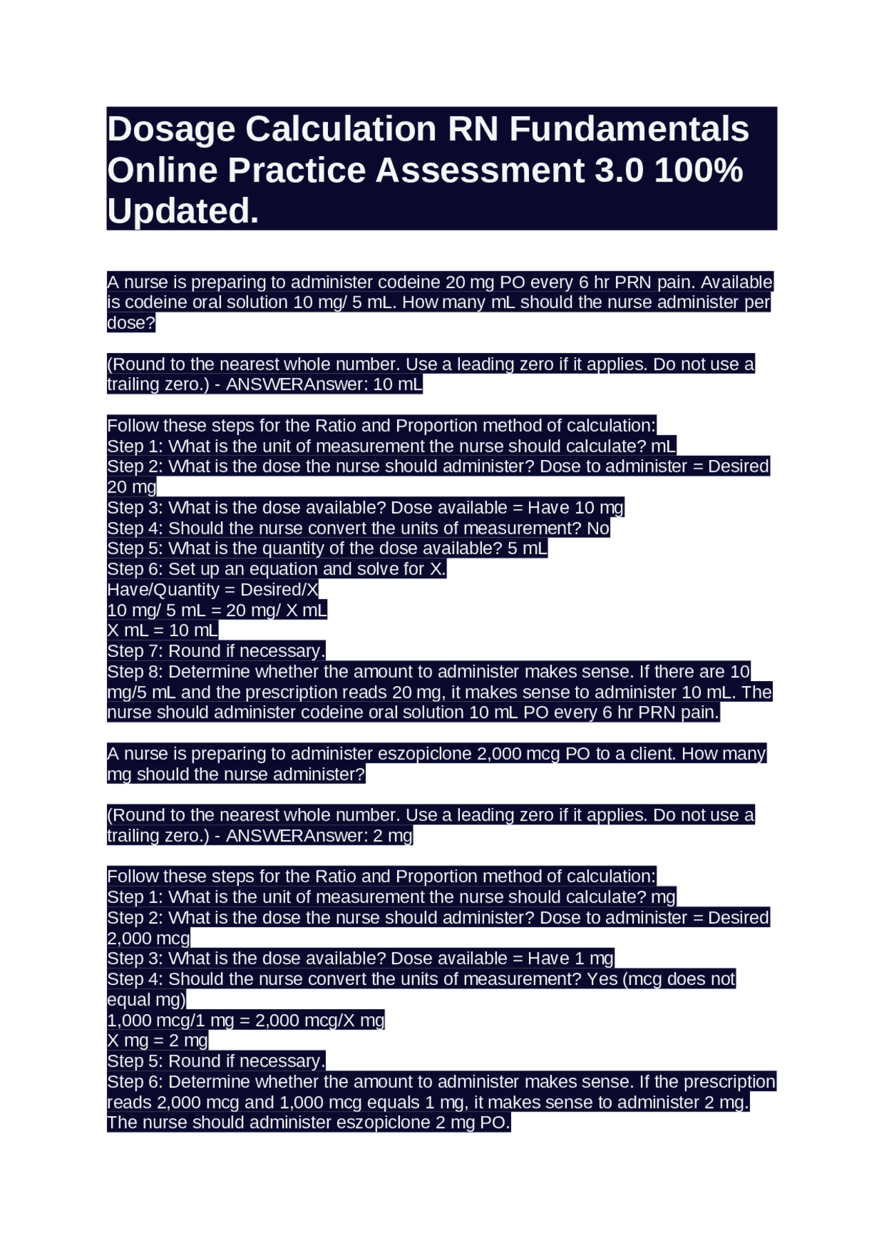 Dosage Calculation RN Fundamentals Online Practice Assessment 3.0 100% ...