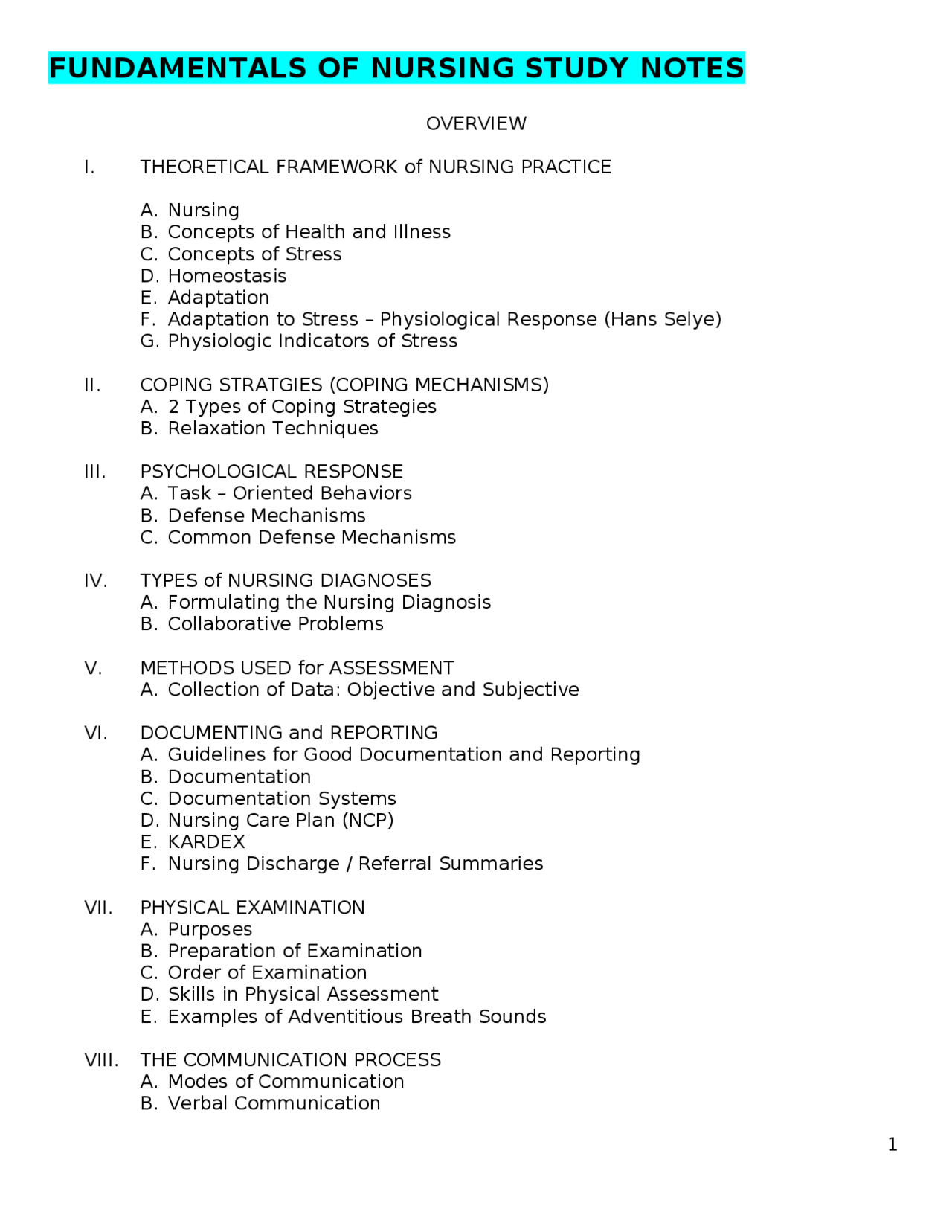 FUNDAMENTALS OF NURSING STUDY NOTES | Study Guides, Projects, Research ...