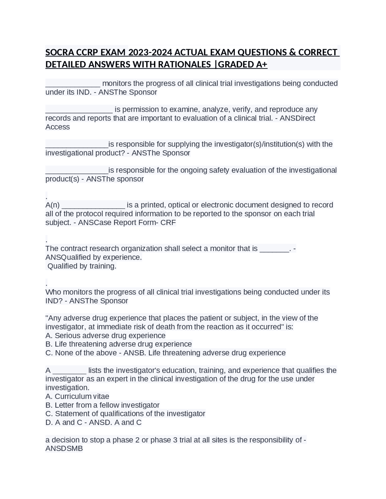 SOCRA CCRP EXAM 2023-2024 ACTUAL EXAM QUESTIONS & CORRECT DETAILED ...