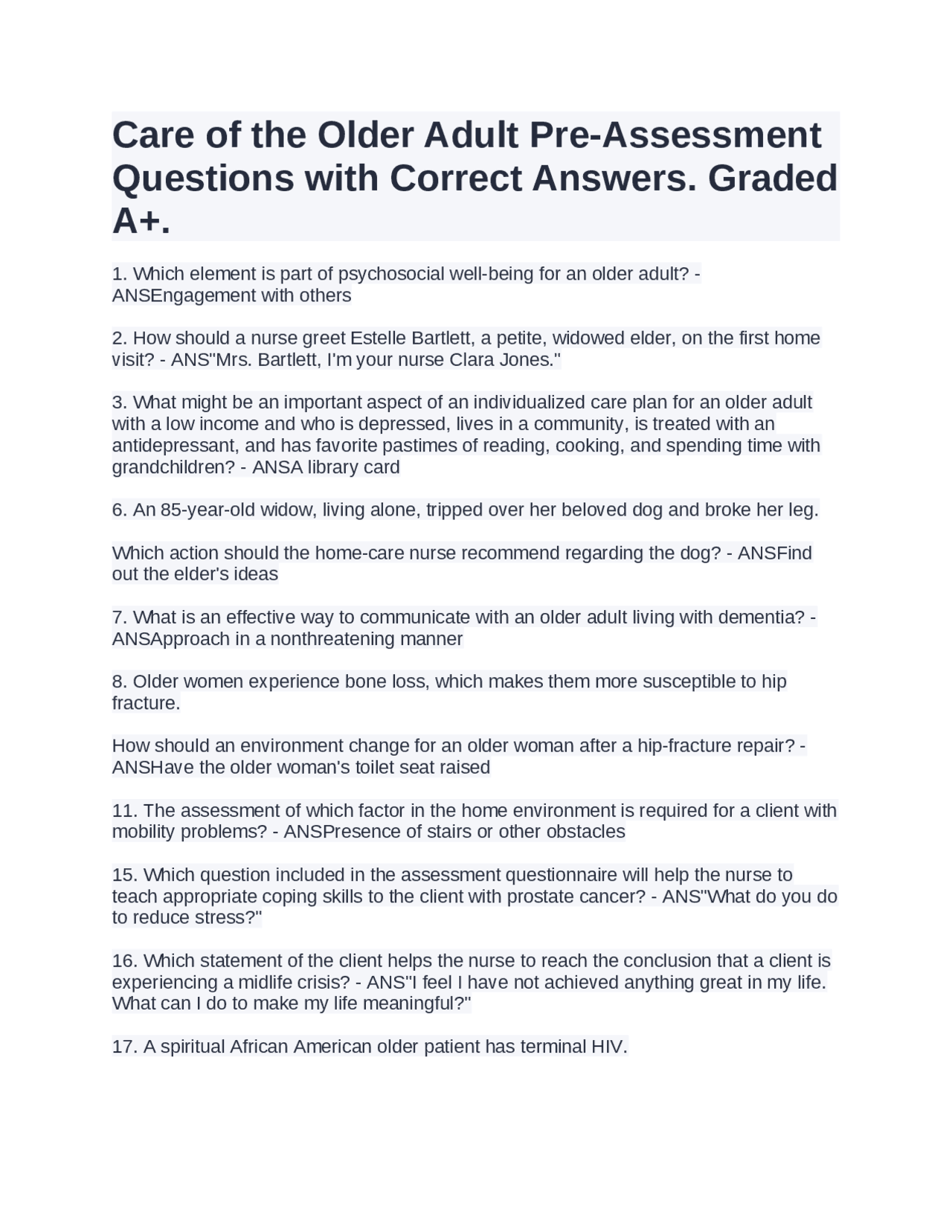 Care of the Older Adult Pre-Assessment Questions with Correct Answers ...
