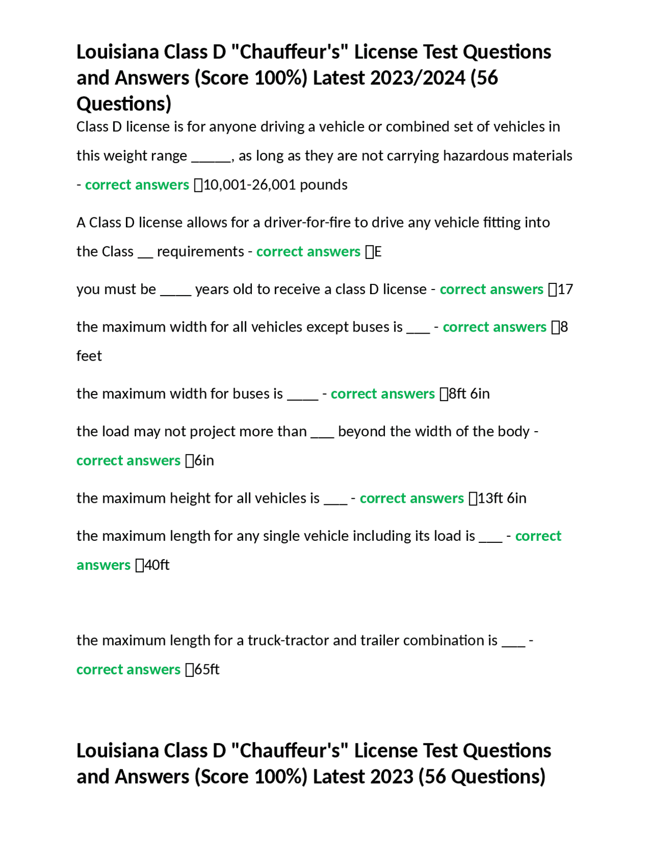 Louisiana Class D "Chauffeur's" License Test Questions and Answers ...